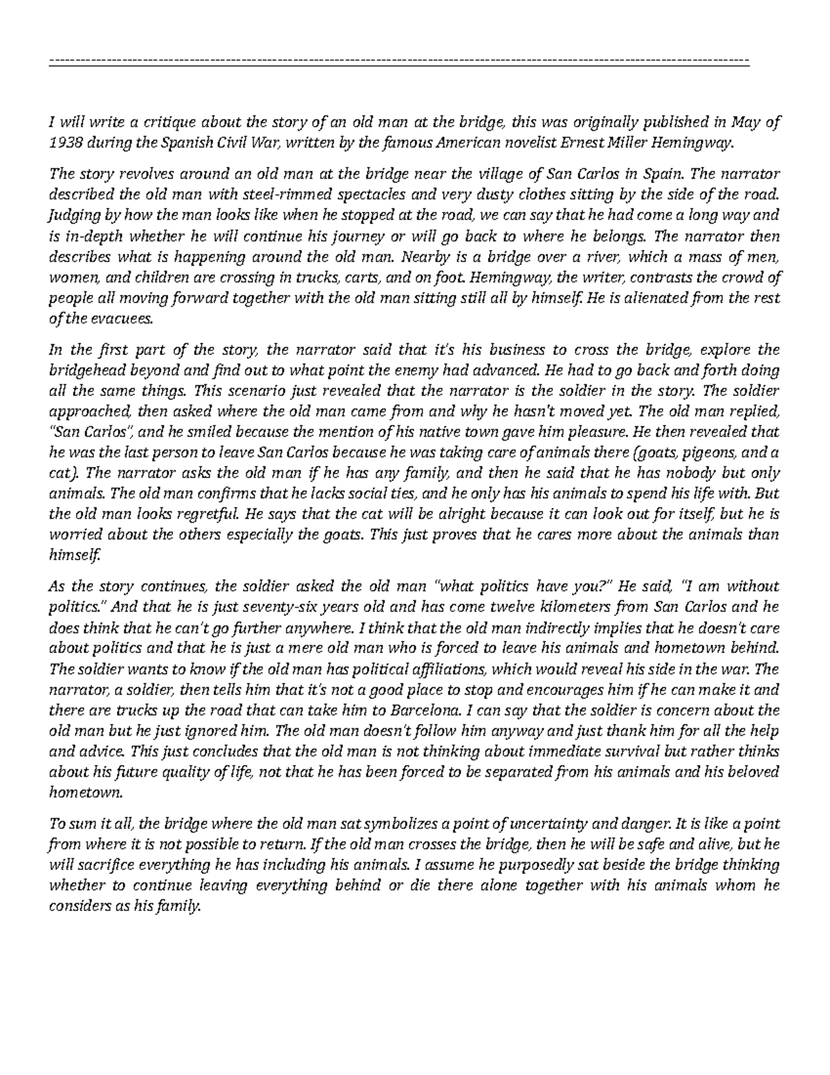 The old man in the bridge - a short essay/summary for the story - I ...
