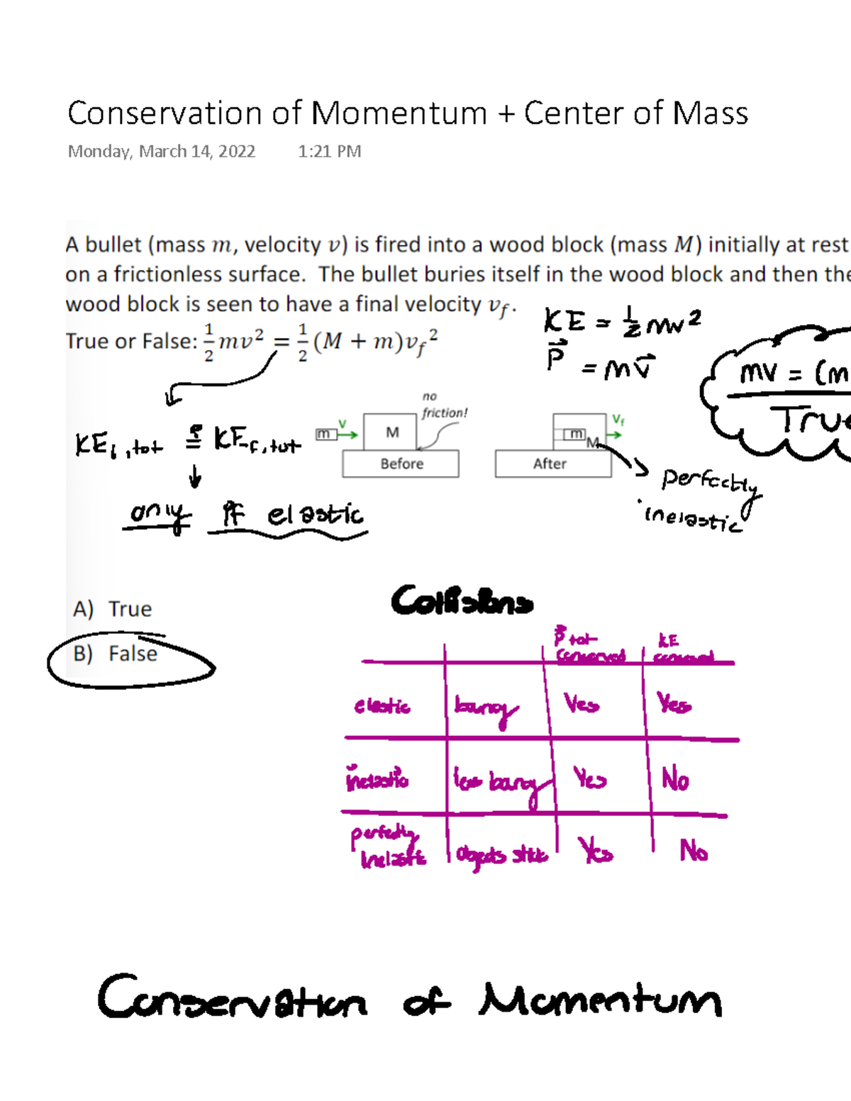 Conservation of Momentum + Center of Mass - PHYS 1110 - Studocu