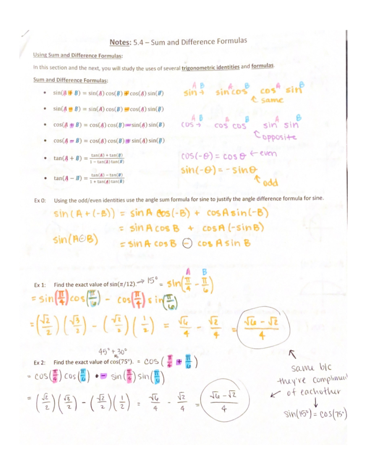 5.4 Notes - Sum and Difference Formulas - MATH 118 - Studocu