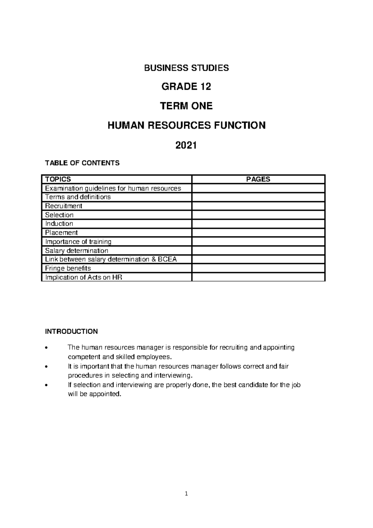 Human-recources 1 - Human resources notes - BUSINESS STUDIES GRADE 12 ...