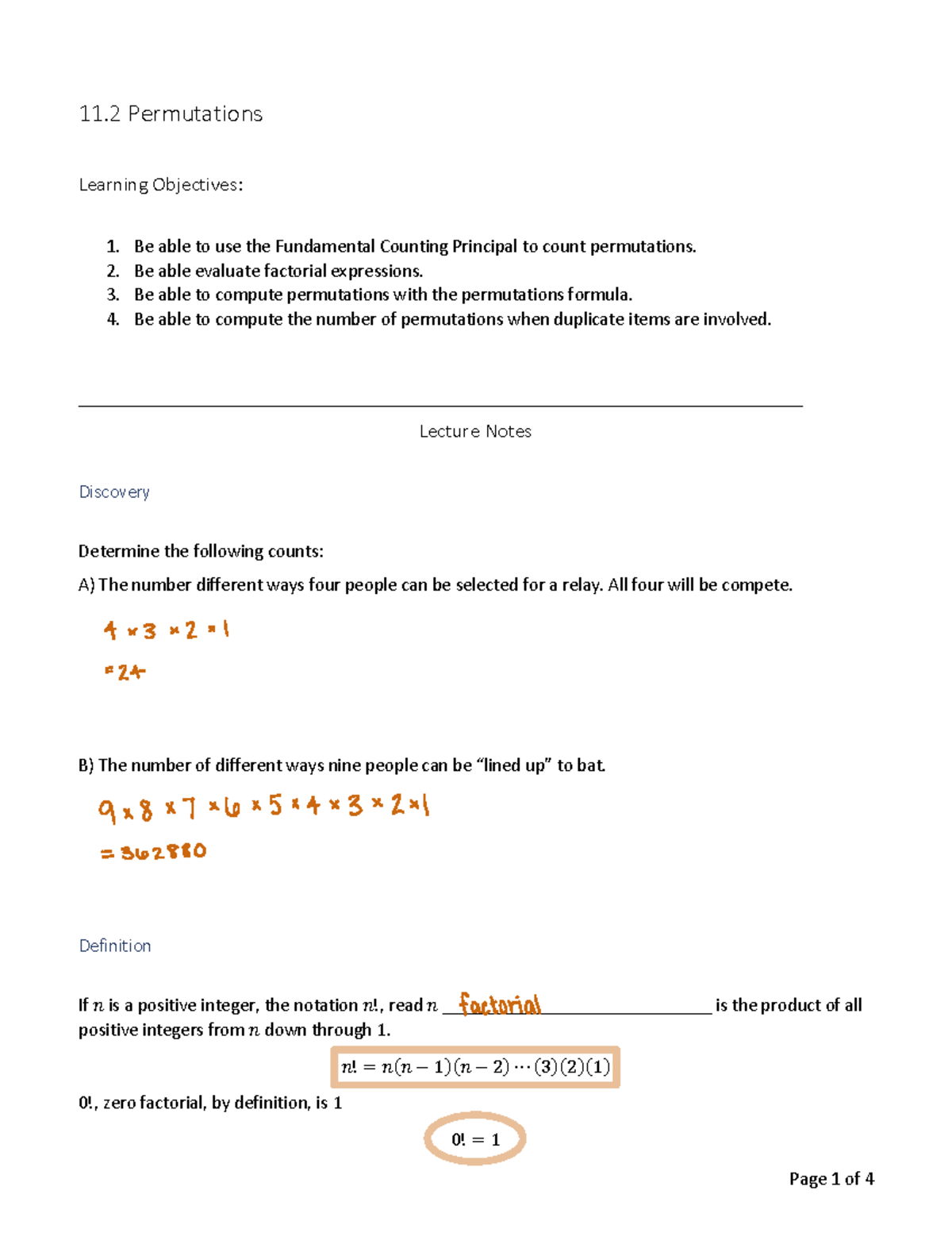 Chapter 11 Section 2 Page ϭ Of κ ϭϭϮ Permutations Learning Objectives ϭ͘ Be Able ƚo ƵƐe ƚhe
