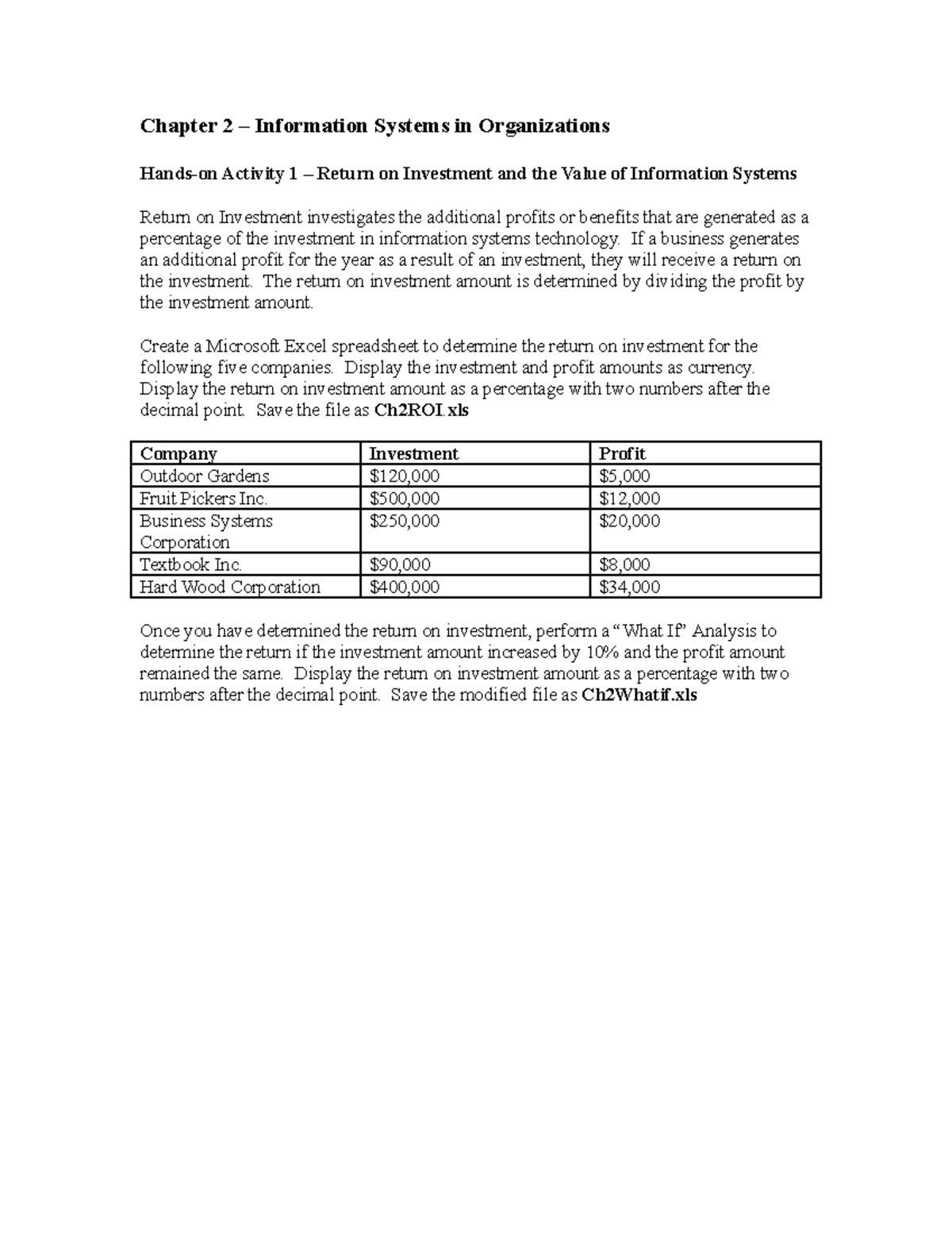 Hoa ch02 - Chapter 2 – Information Systems in Organizations Hands-on Activity 1 – Return on ...