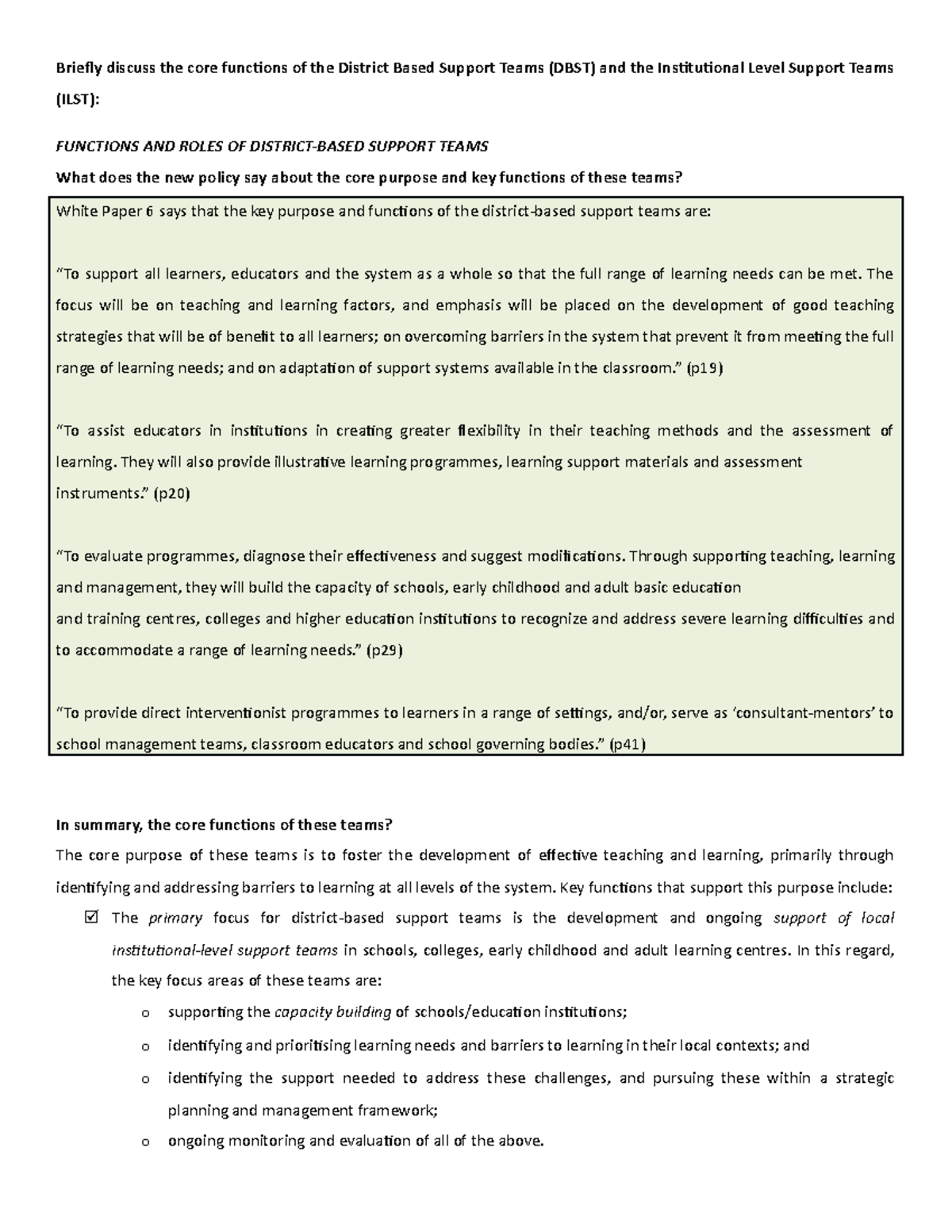 Briefly discuss the core functions of the District Based Support Teams ...