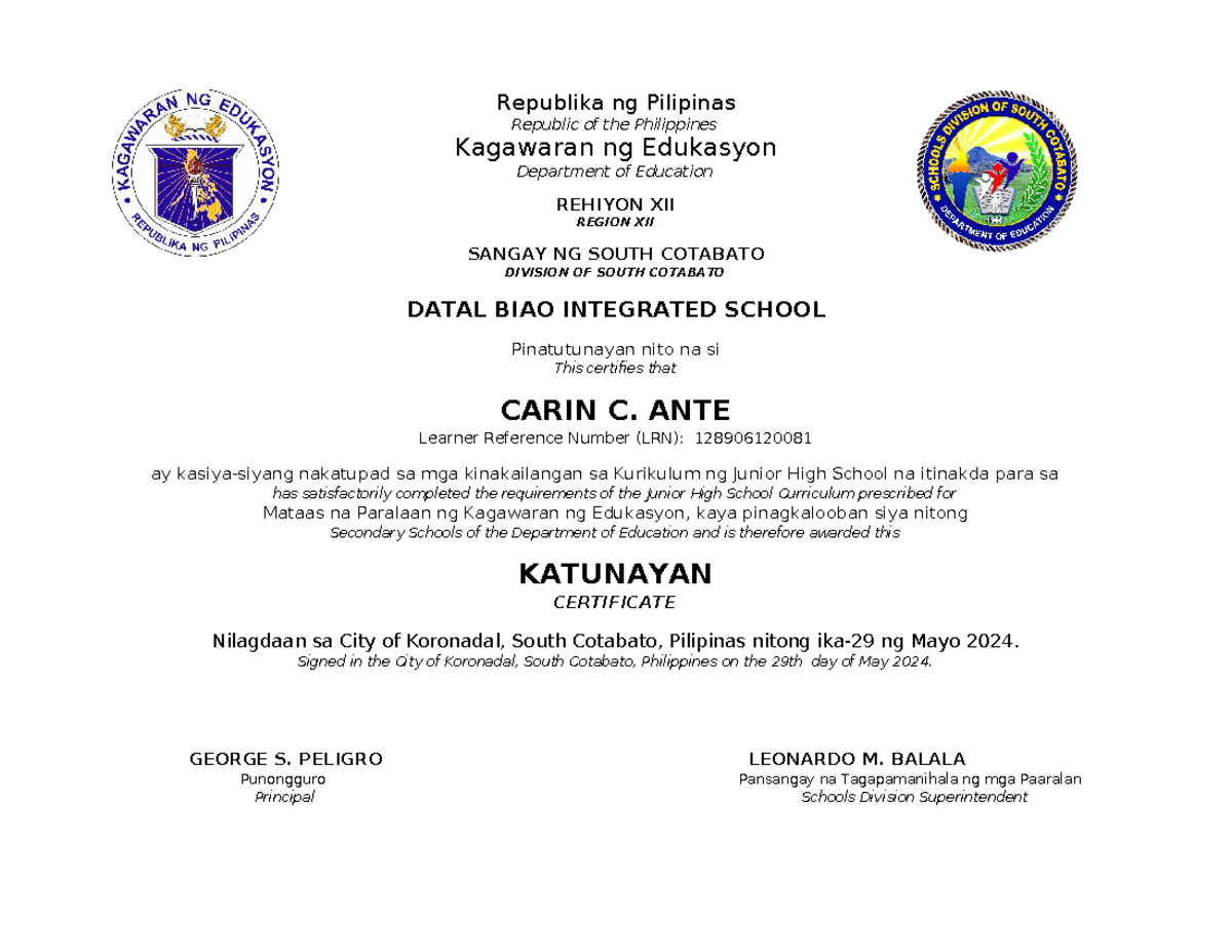 certificate for graduation - Republika ng Pilipinas Republic of the ...