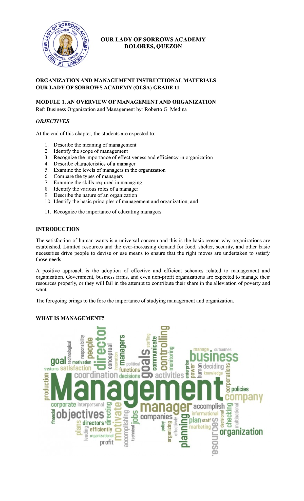 Module ORG AND MGT 2023 TO 2024 Grade 11 - OUR LADY OF SORROWS ACADEMY ...