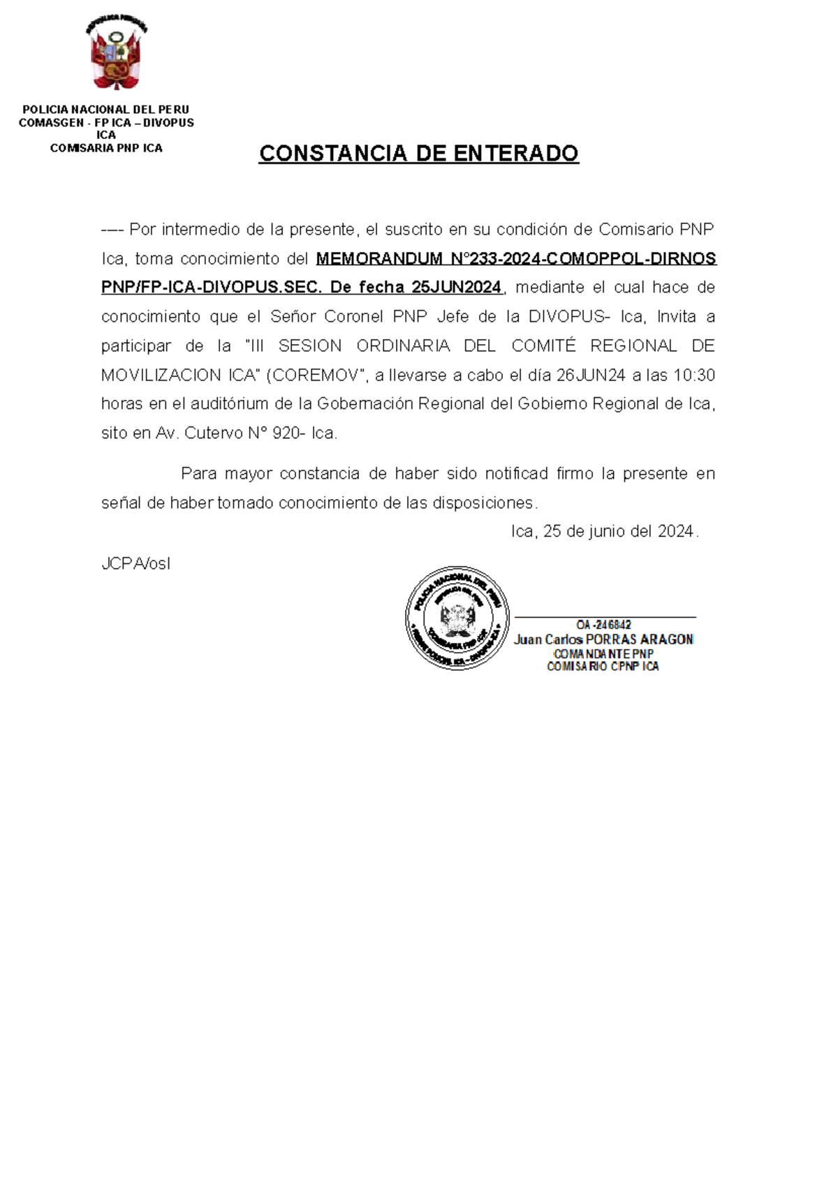 Constancia Enterado Rivera - POLICIA NACIONAL DEL PERU COMASGEN - FP ...