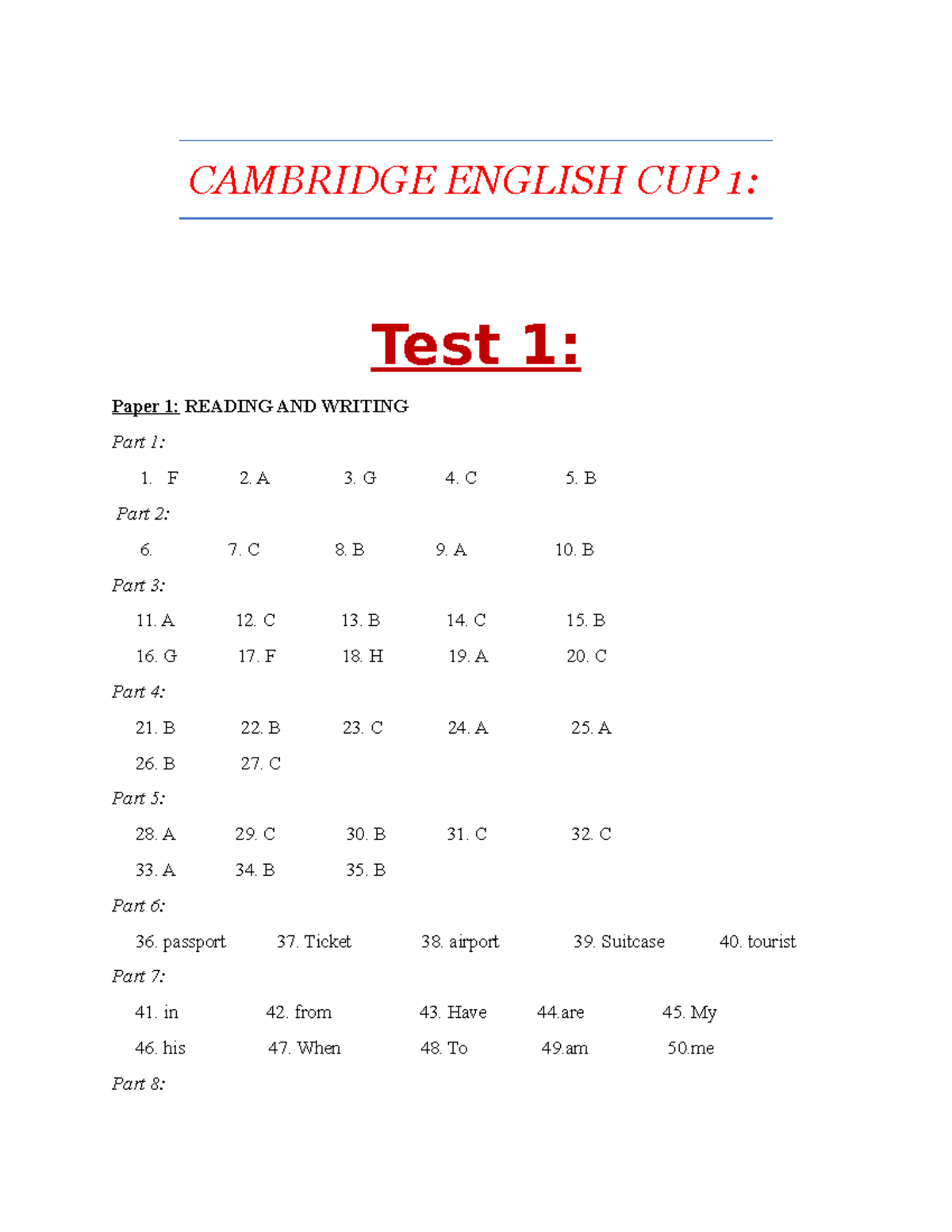 KET - mbhjyftd - CAMBRIDGE ENGLISH CUP 1: Test 1: Paper 1: READING AND ...