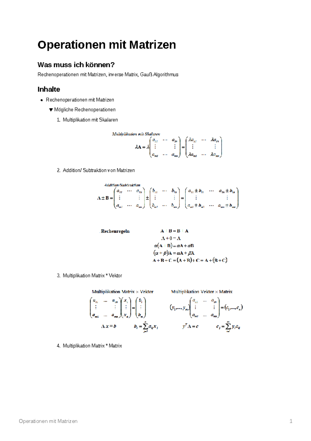 Mathe Lernzettel (6) - Operationen mit Matrizen Was muss ich können? Rechenoperationen mit ...