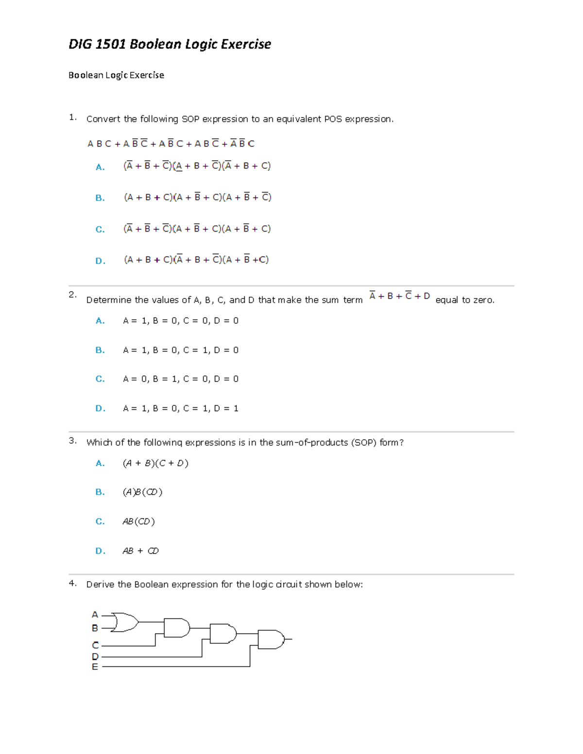 Boolean Logic Exercise - DIG 1501 Boolean Logic Exercise Boolean Logic ...