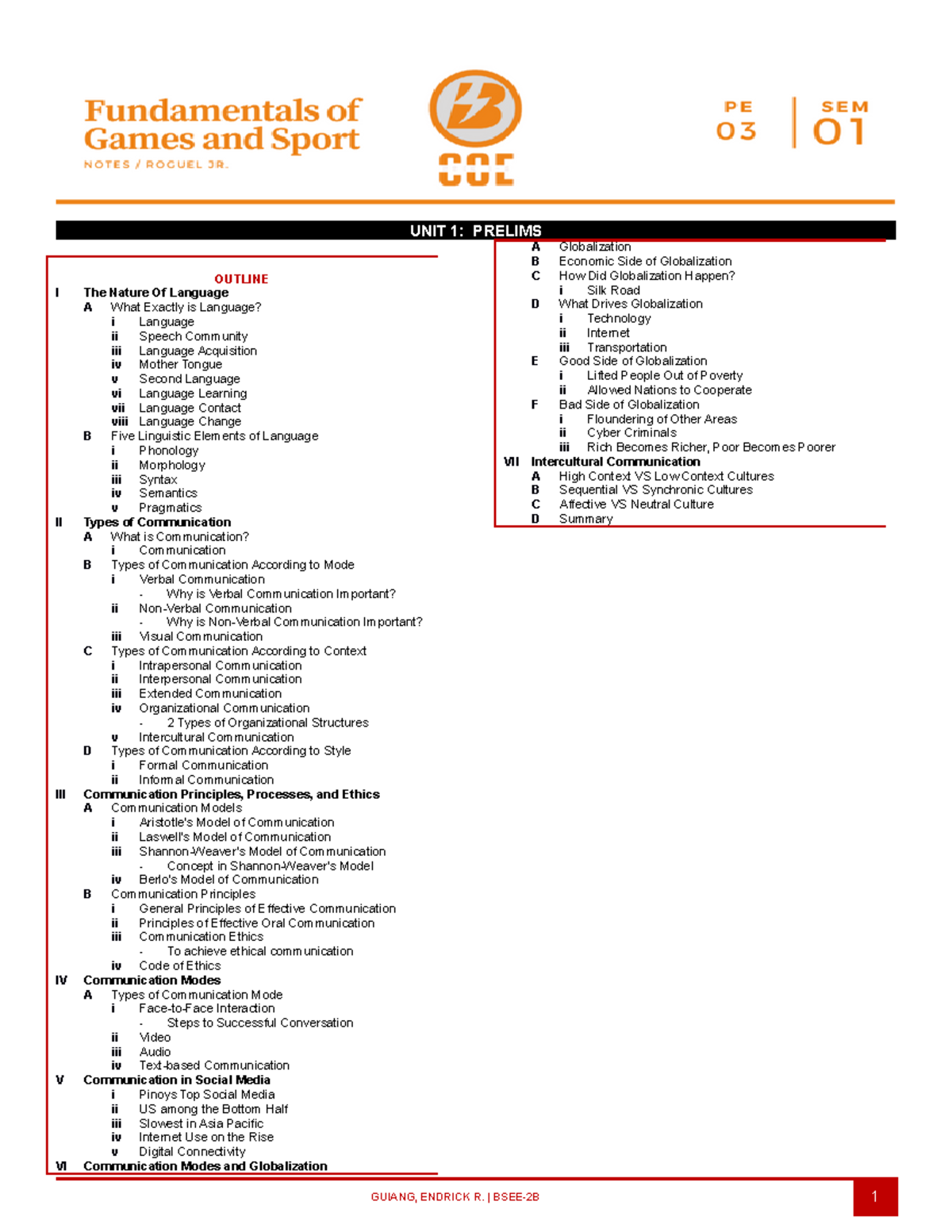PE 3 Transes - N/a - UNIT 1: PRELIMS OUTLINE I The Nature Of Language A ...