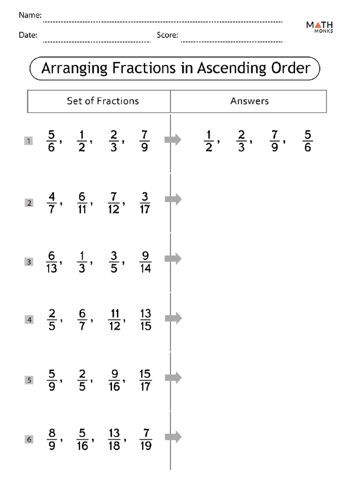 Arranging Fractions in Ascending Order Worksheets - Studocu