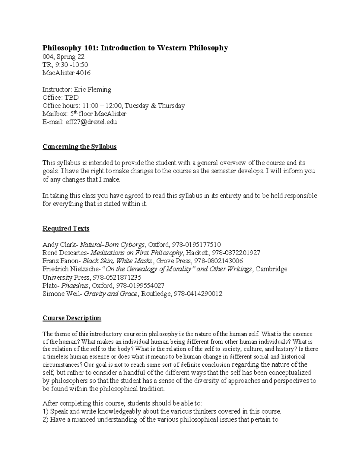 Intro to Western Philosophy - 004 Spring 22 - Philosophy 101 ...