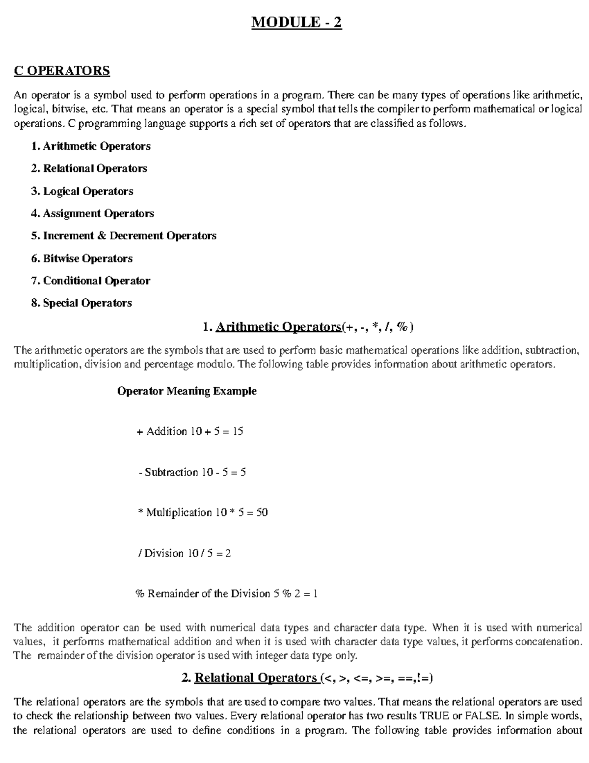 Module 2 - Goodd one - MODULE - 2 C OPERATORS An operator is a symbol ...