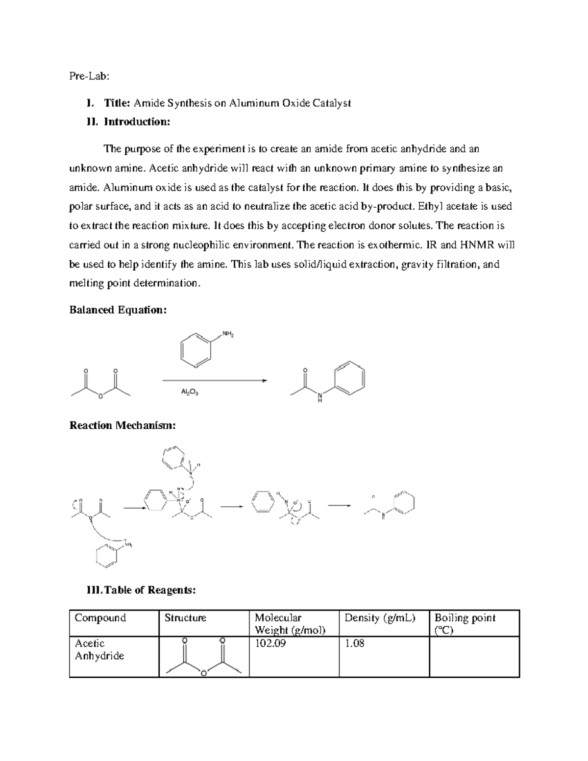 Exp 6 Amide Synthesis on Aluminum Oxide Catalyst - Pre-Lab: I. Title: Amide Synthesis on ...