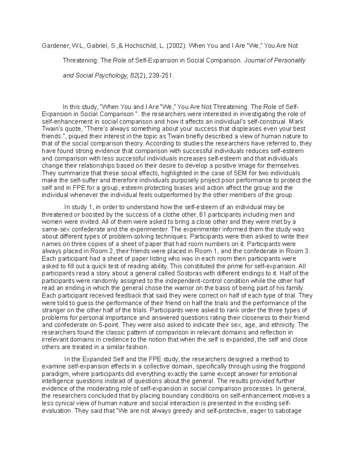 JAR#4 - Journal article reviews - Gardener, W, Gabriel, S.,& Hochschild ...