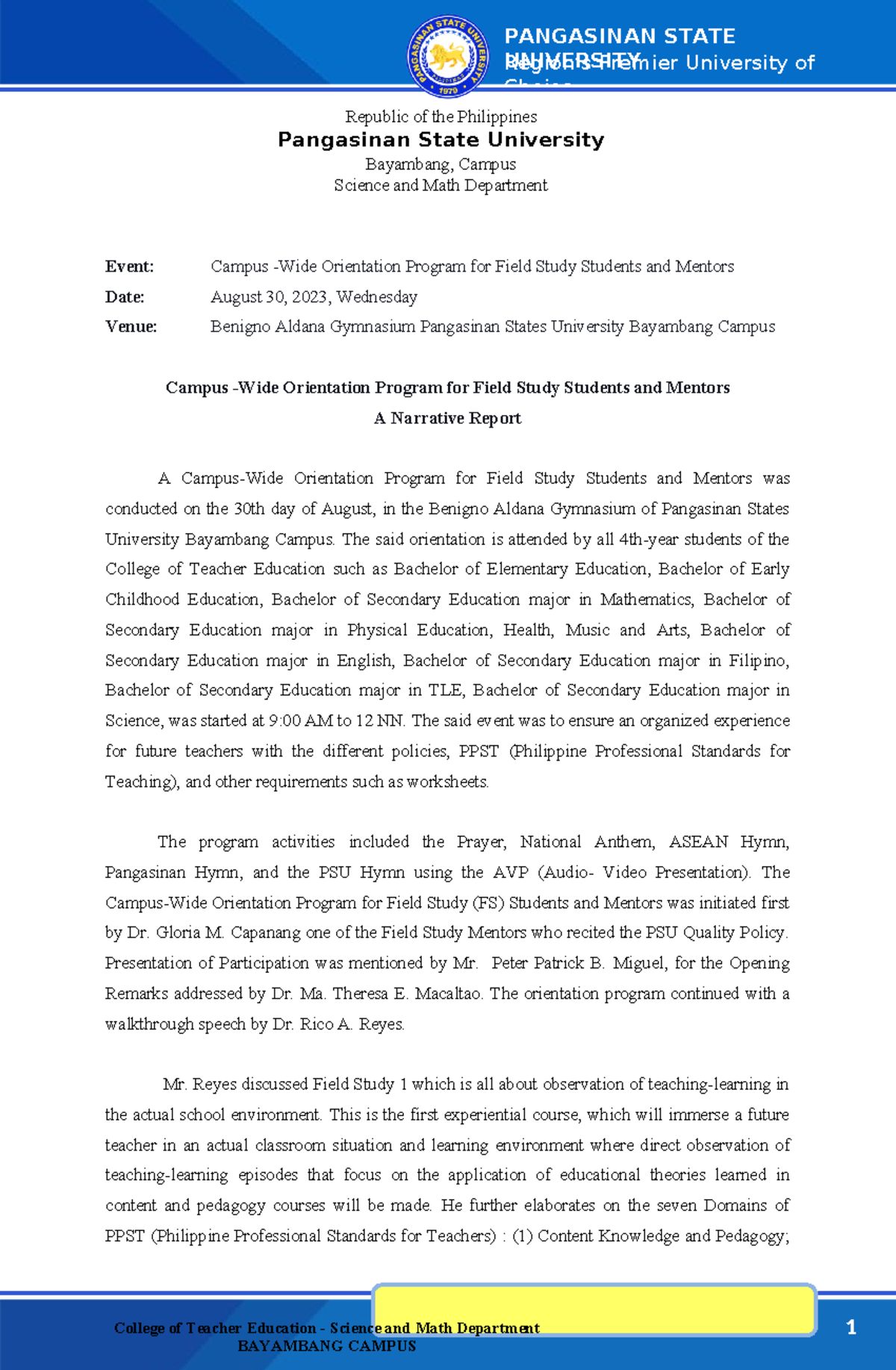 Campus Orientation- Narrative Report - PANGASINAN STATE ...