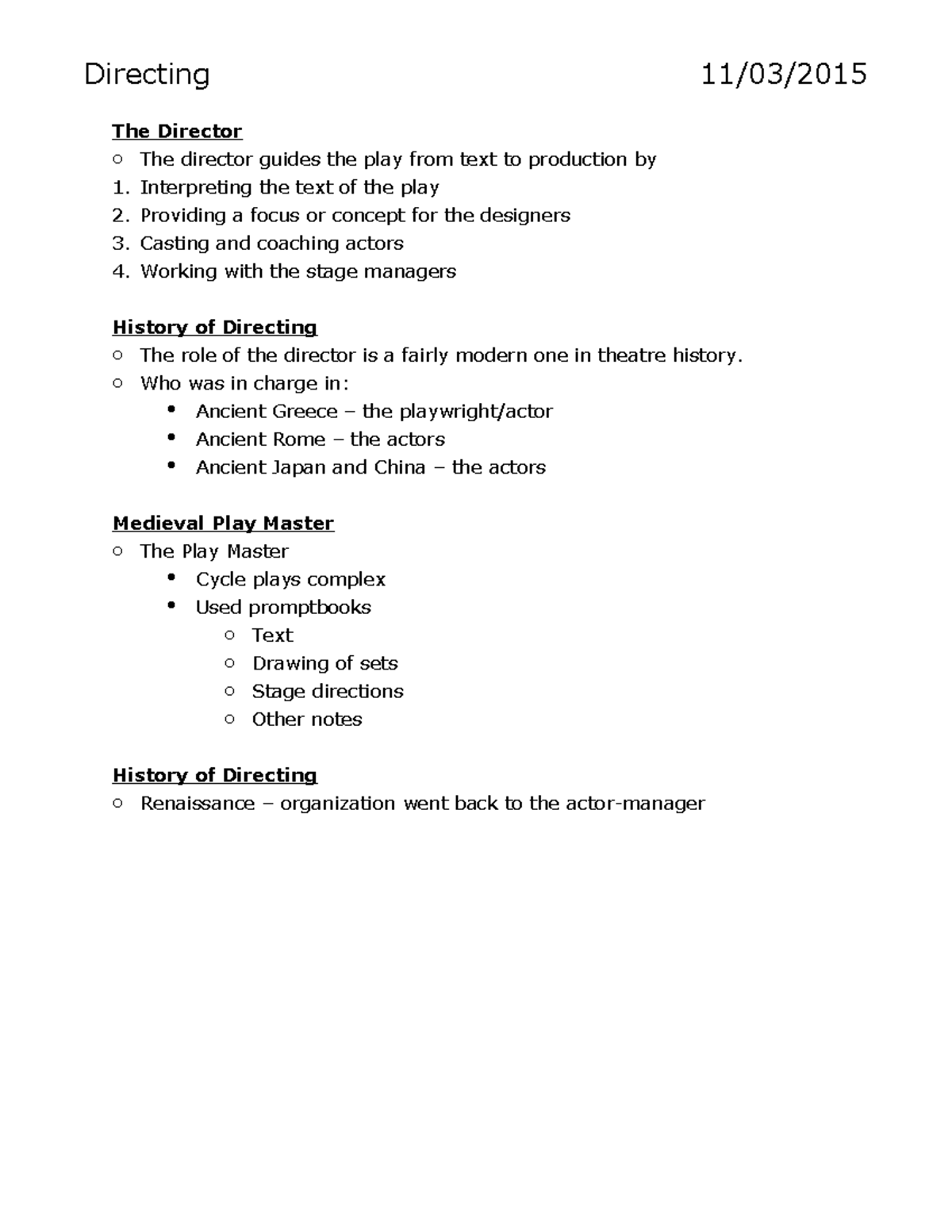 Lecture Notes, Lecture Directing - Directing 11/03/ The Director o The ...