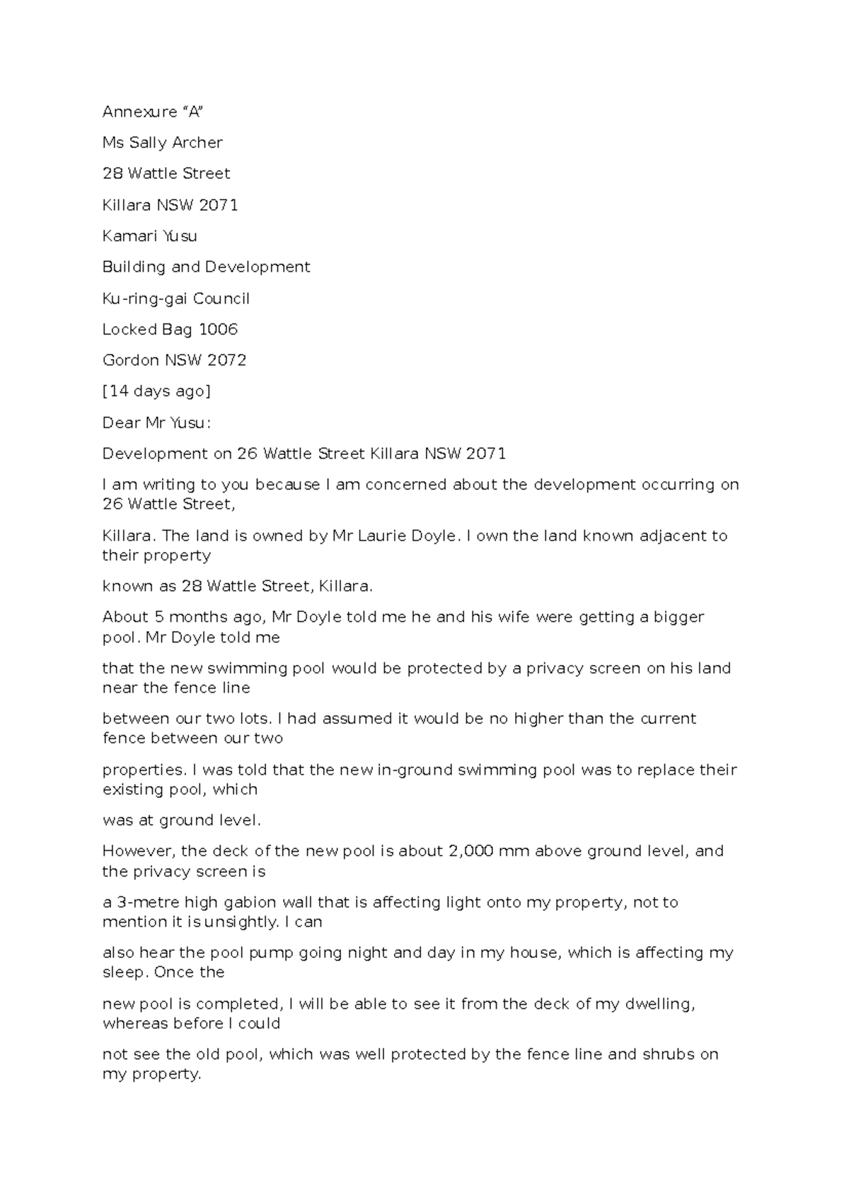 Annexure A - Email from Sally Archer to Kamari Yusu - Annexure “A” Ms ...