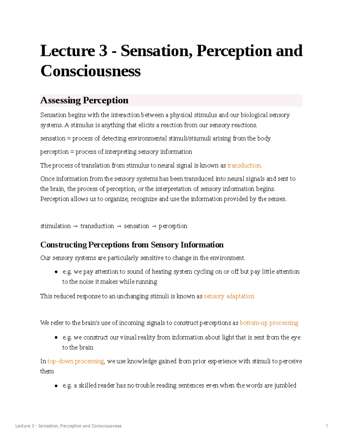 L3 - Sensation, Perception and Consciousness - Lecture 3 - Sensation ...