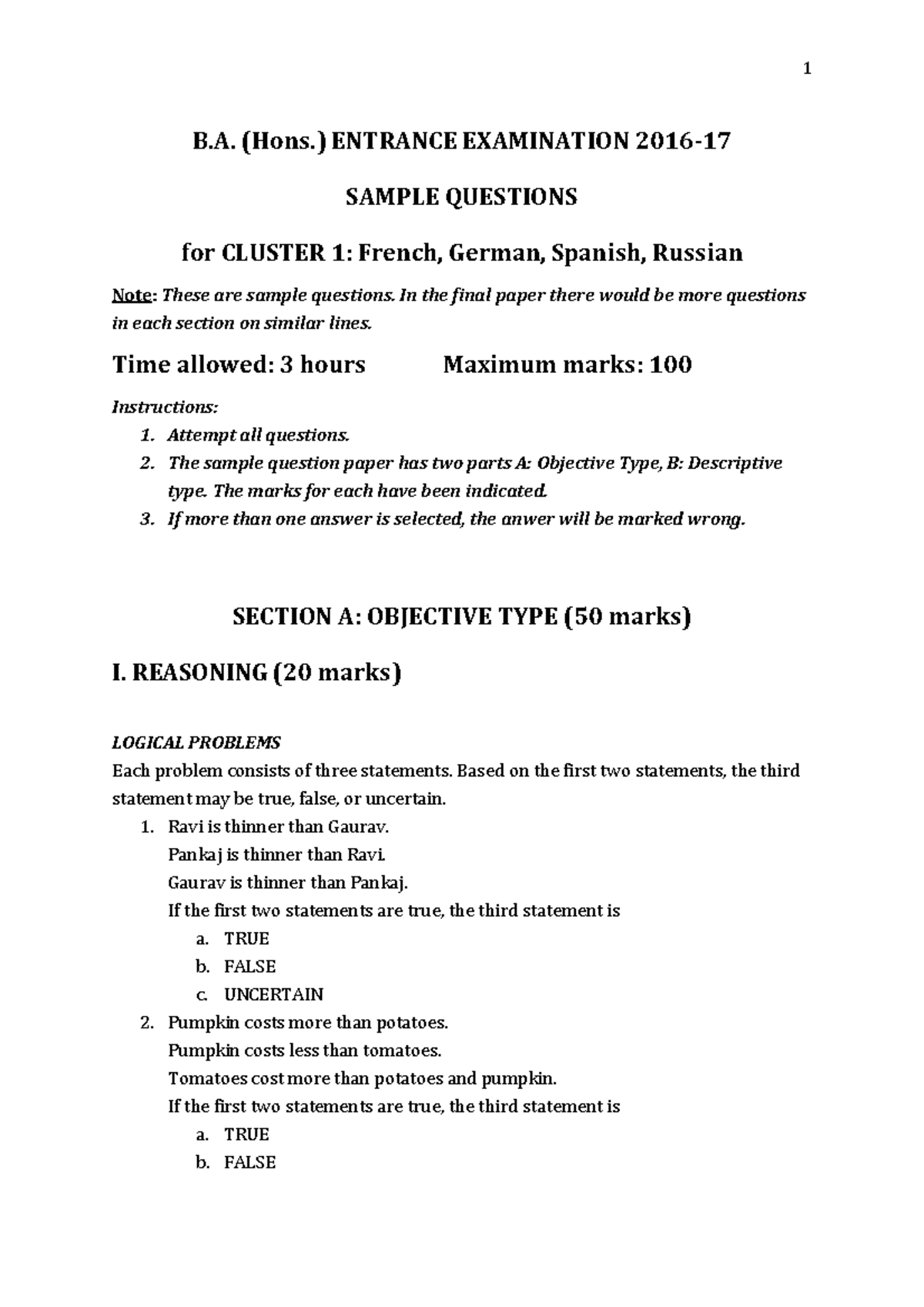 Sample Papers BA - 123 - 1 B. (Hons.) ENTRANCE EXAMINATION 2016- SAMPLE ...