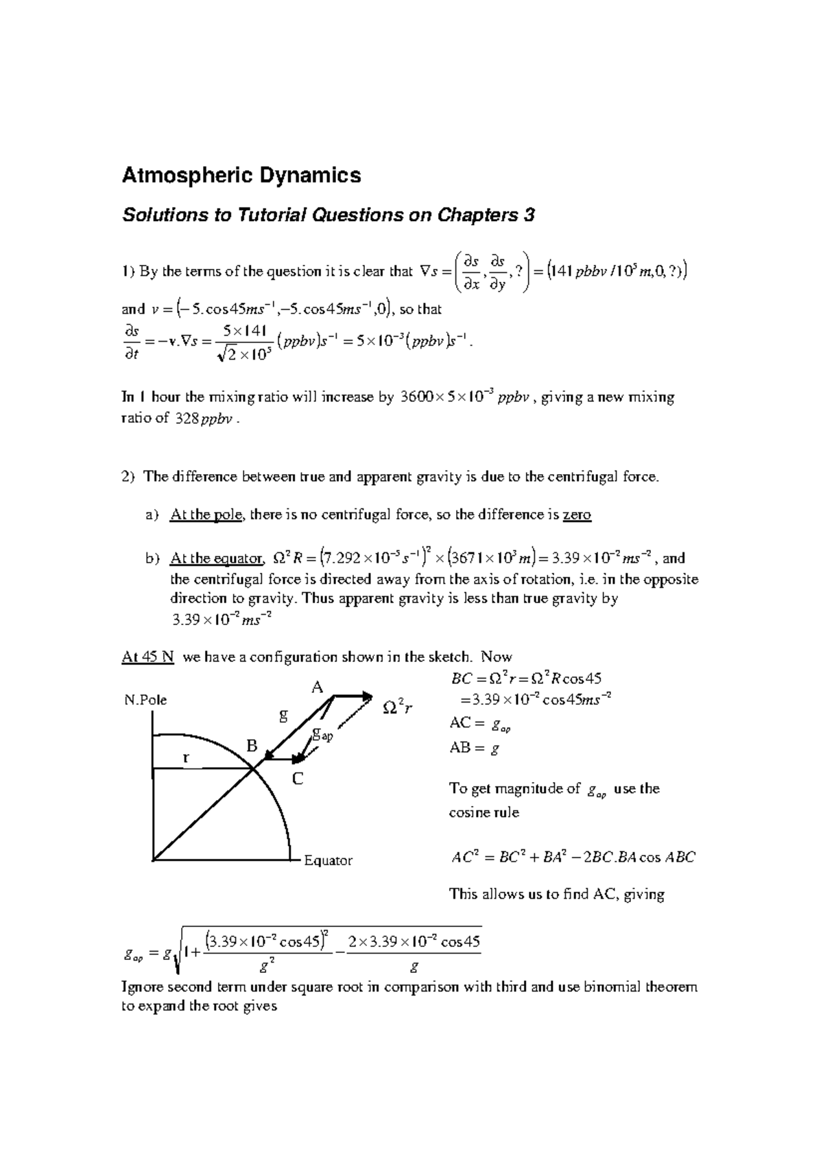 Tutorial 03 Solutions Chapter 03 Atmospheric Dynamics Solutions To Tutorial Questions On