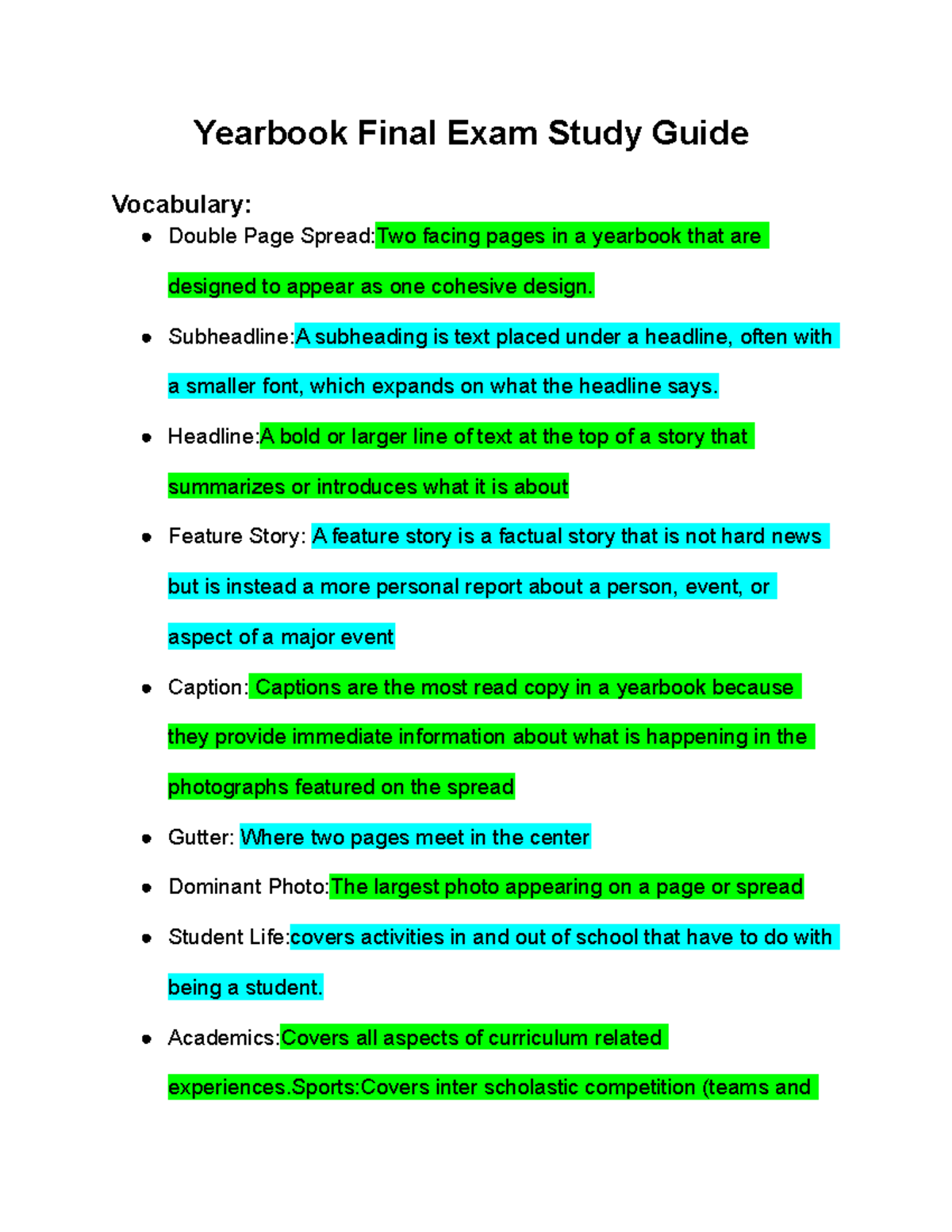 Yearbook Final Exam Study Guide - Yearbook Final Exam Study Guide ...