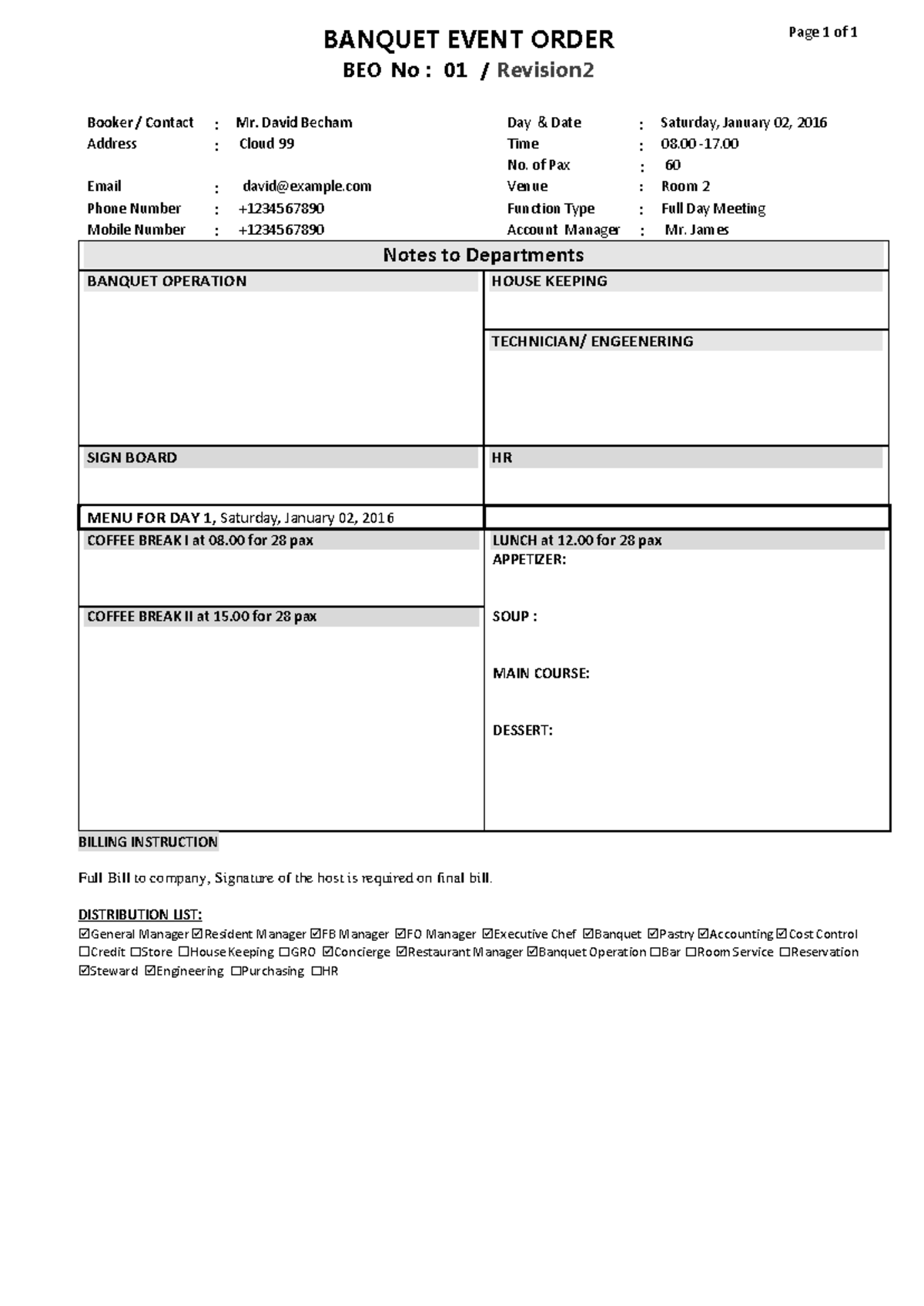 Banquet Event Order BEO 1 - Page 1 of 1 BANQUET EVENT ORDER BEO No : 01 ...