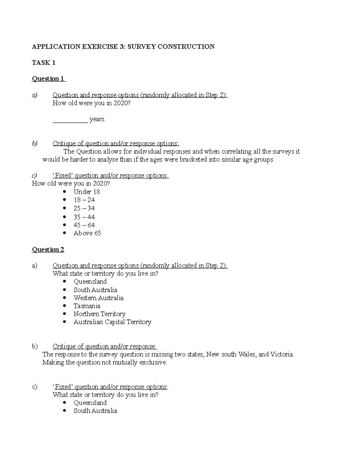 CCJ109 Application Exercise 3 - Response Form - APPLICATION EXERCISE 3: SURVEY CONSTRUCTION TASK ...