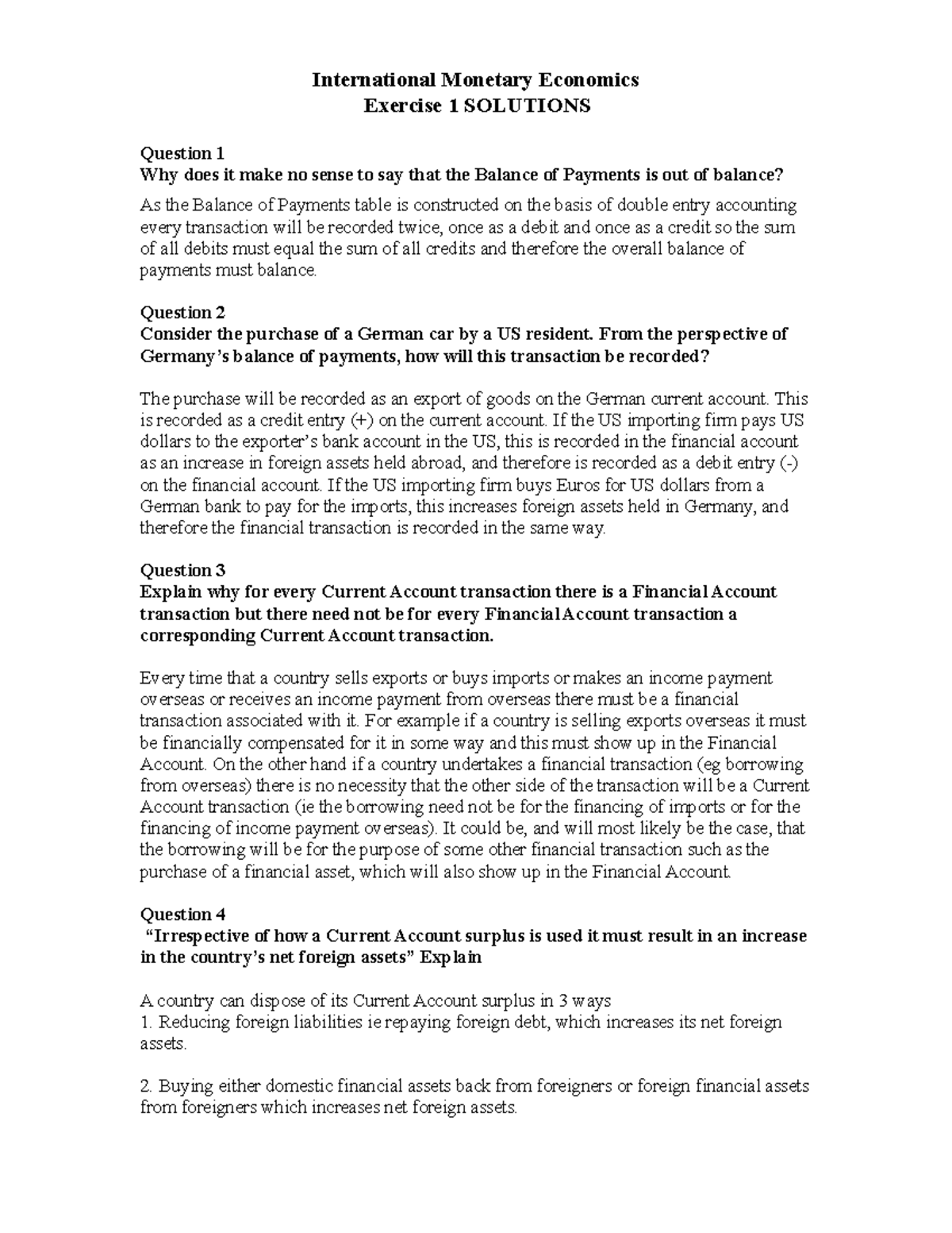 Solns Exercise 1 - ECON1085: Intl Monetary Economics tutorial solutions ...