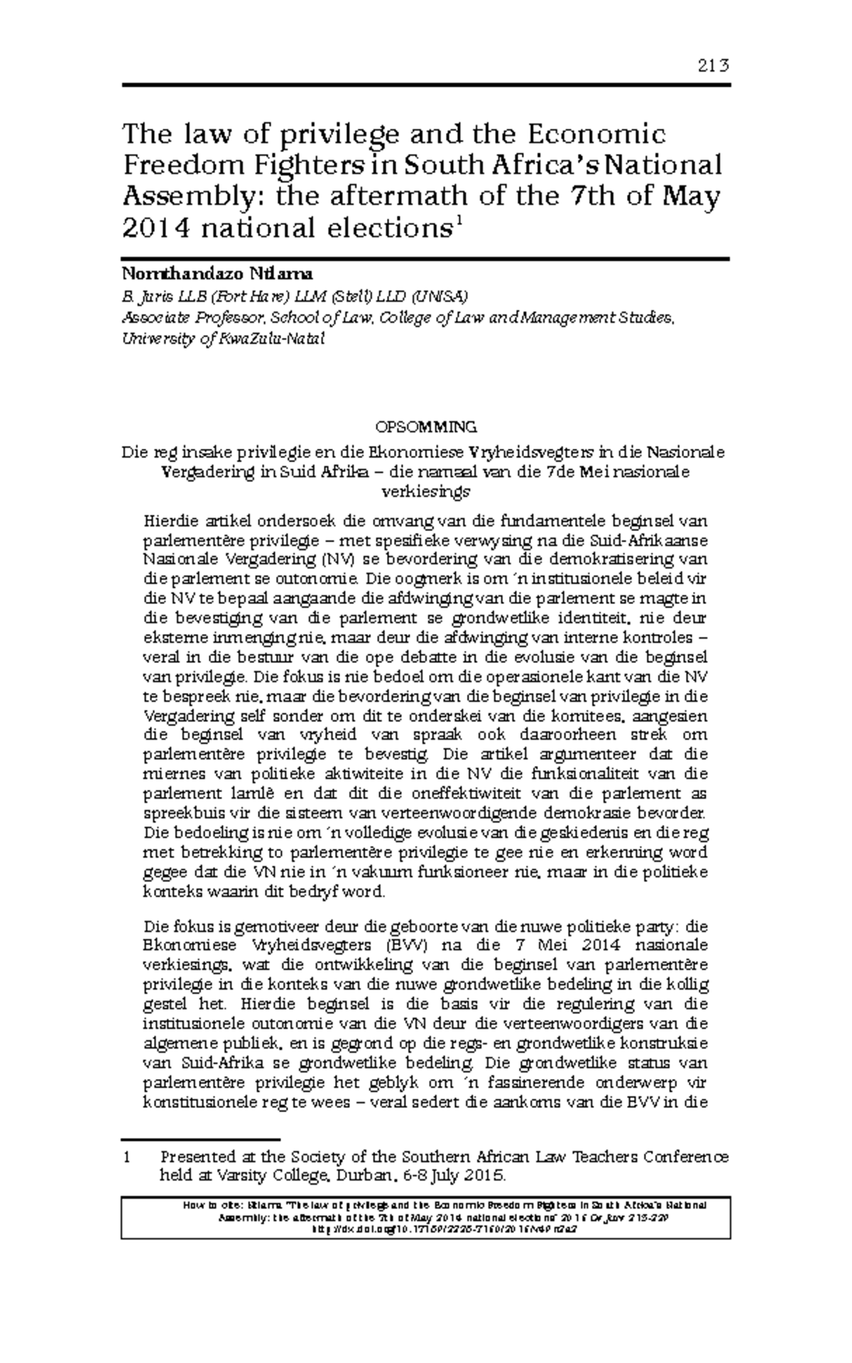 Constitutional law notes - 213 The law of privilege and the Economic ...