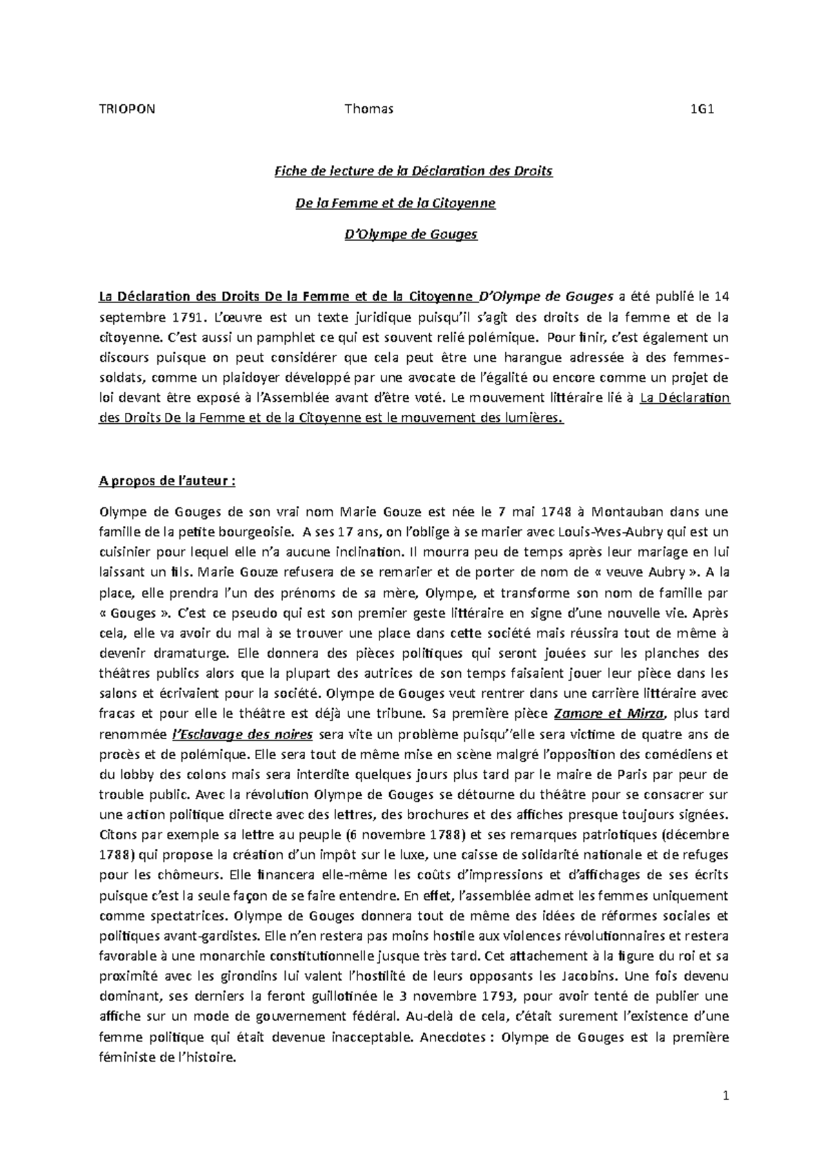 Fiche de lecture les déclaration des droits de la femme et de la ...