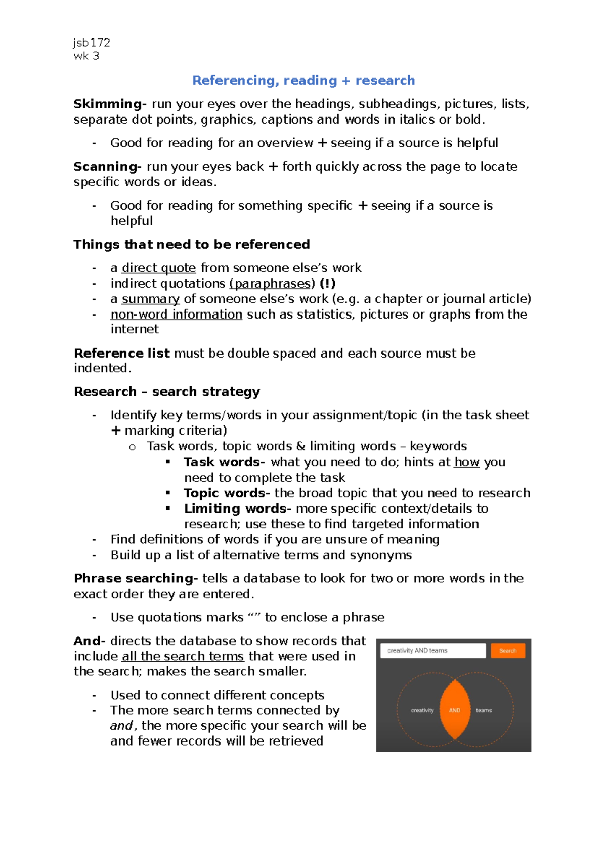 referencing, reading + research - wk 3 notes - jsb wk 3 Referencing ...