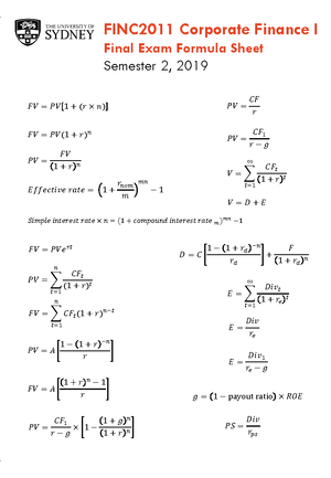 Formula sheet - CRICOS 00026A FINC2011 Corporate Finance I Final Exam ...