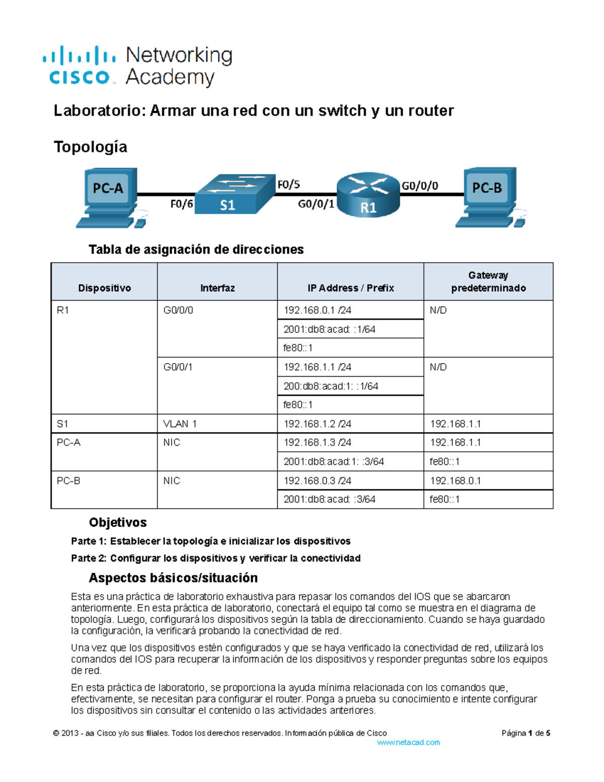 10.4.4 Lab - Build a Switch and Router Network - Topología Tabla de asignación de direcciones ...
