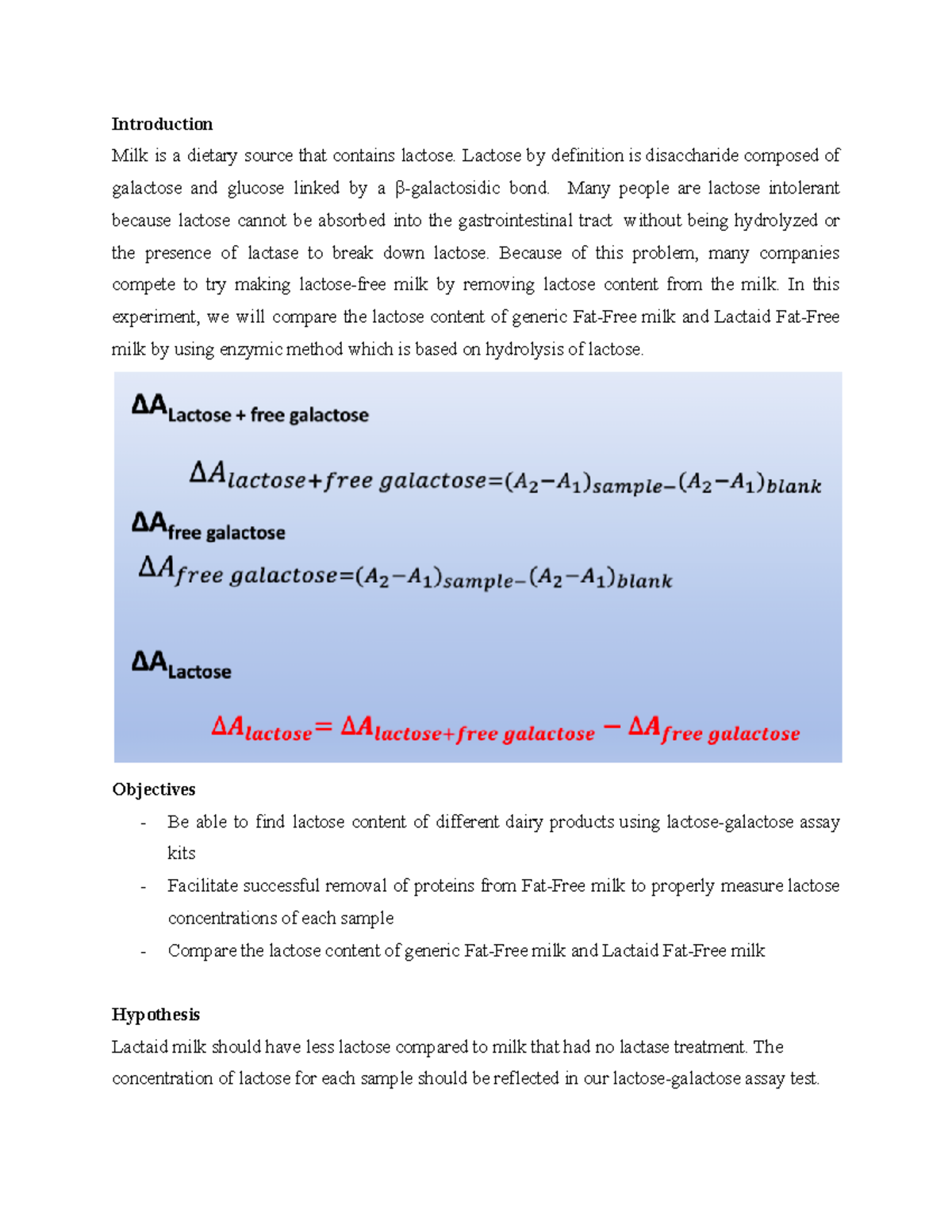 FSHN 416 Lactose - lab - Introduction Milk is a dietary source that ...