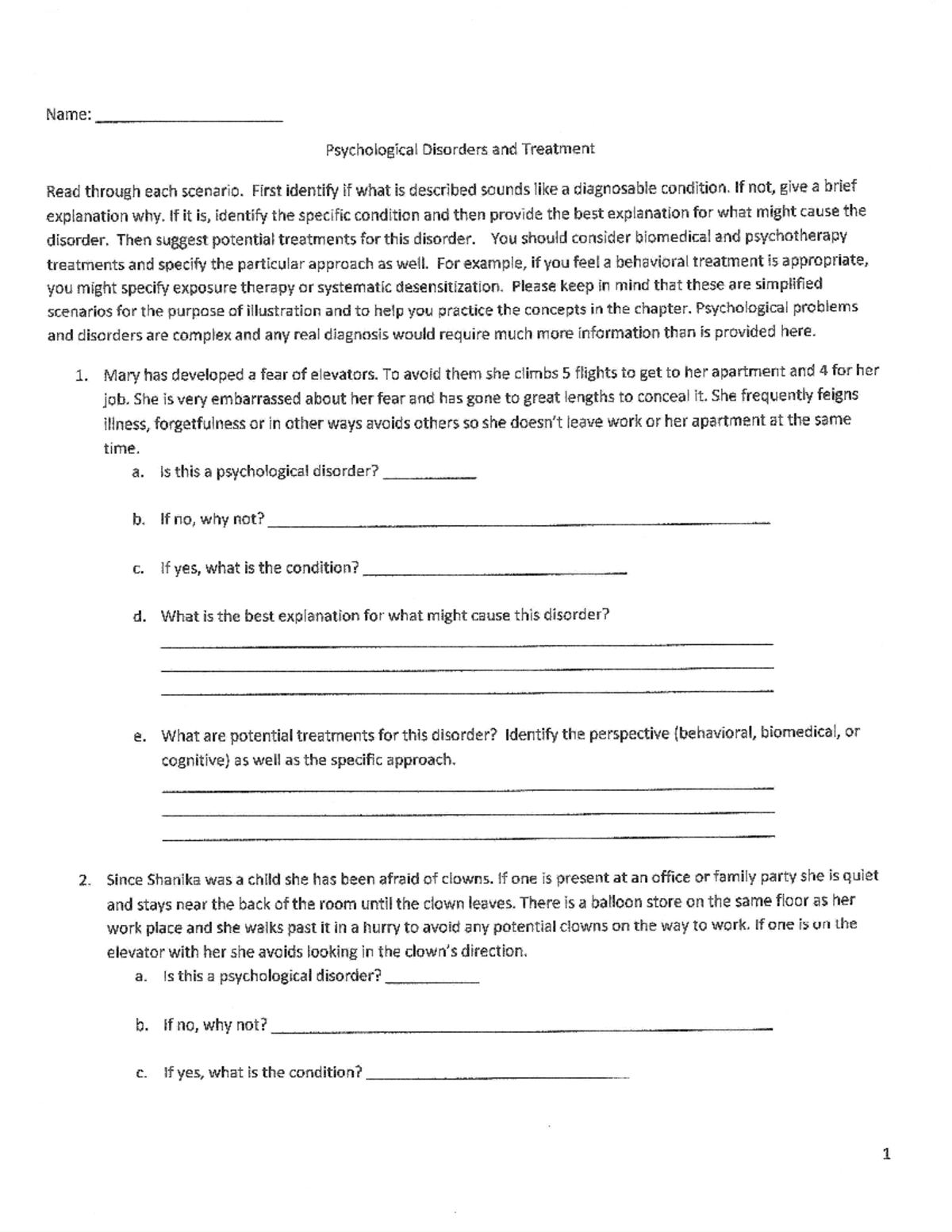 Assignment 8 Disorders-1 - Name: Psychological Disorders and Treatment ...