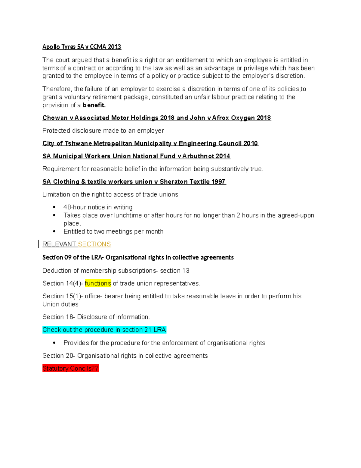 case laws for labour law - Apollo Tyres SA v CCMA 2013 The court argued ...