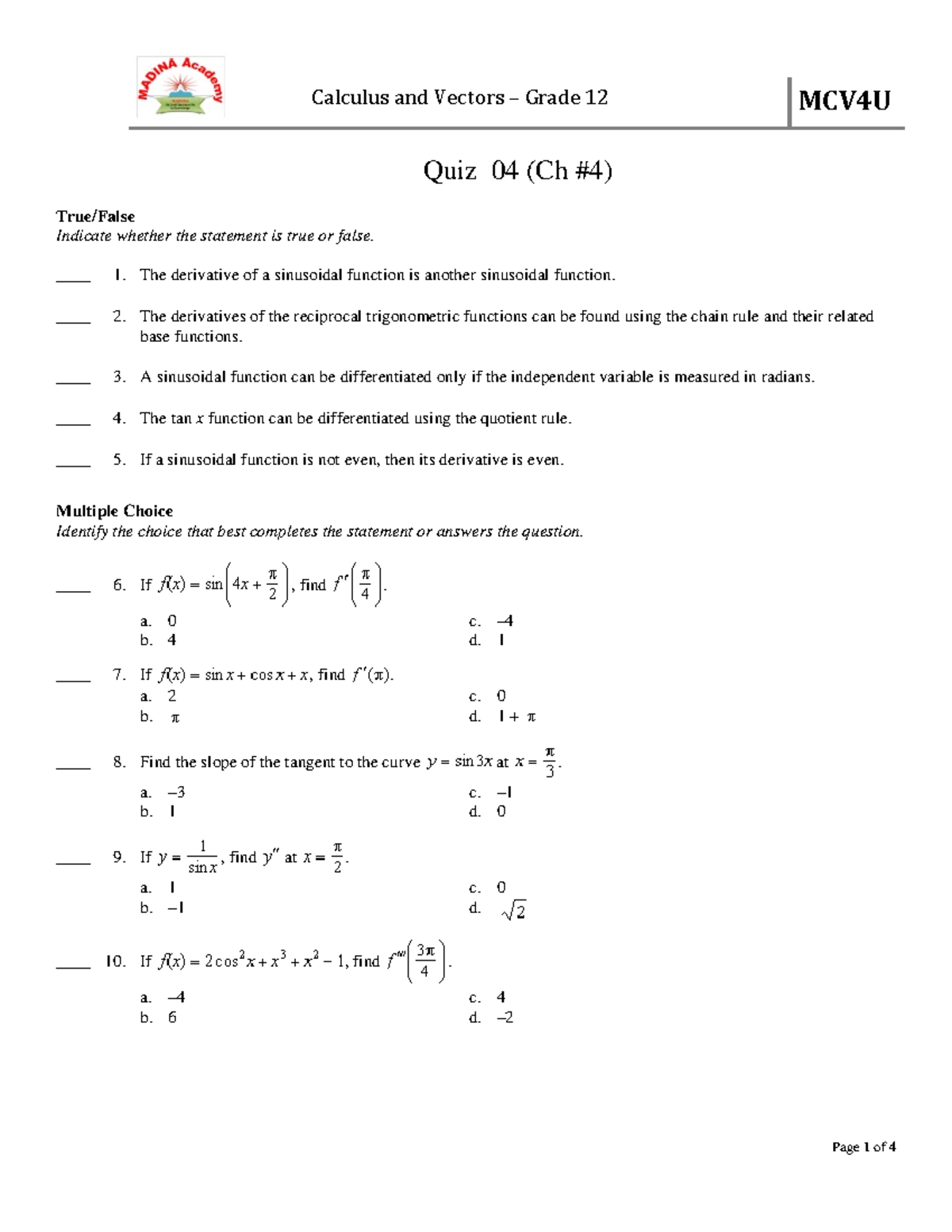 4. Quiz # 4 Madina - bvhv - Calculus and Vectors – Grade 12 MCV4U Quiz ...