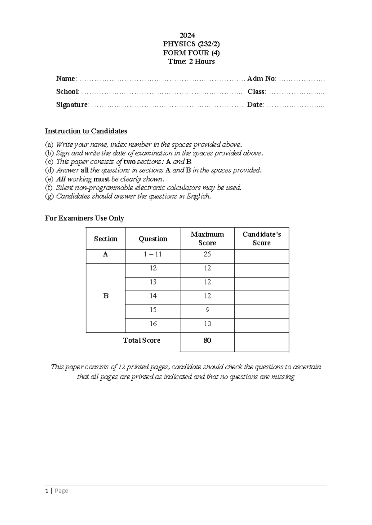 PHYC F4 PP2 QS - Revision materials - 2024 PHYSICS (232/2) FORM FOUR (4 ...