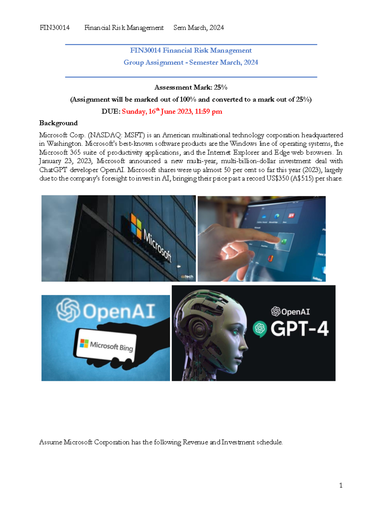 Group Assignment S1 24 Case Study - 1 FIN30014 Financial Risk ...