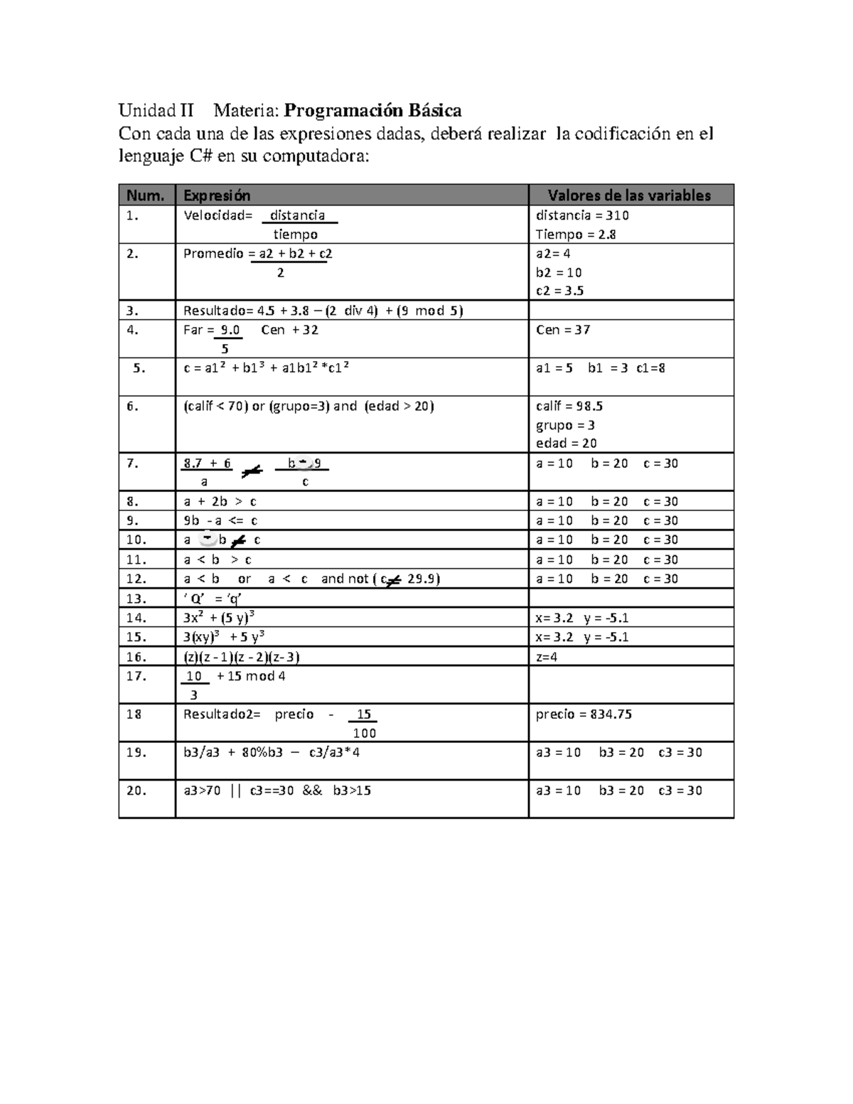 Expresiones Unidad 2 - Unidad II Materia: Programación Básica Con cada ...