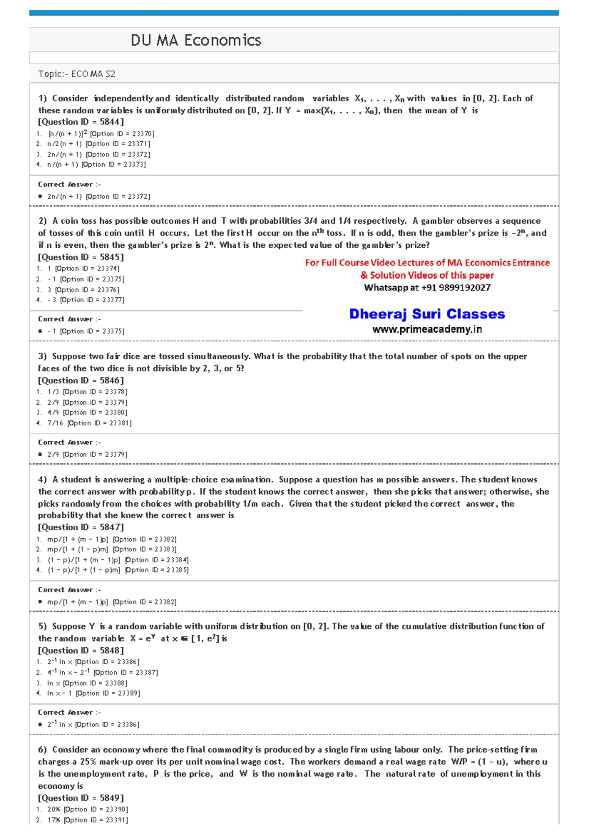 DSE 2020 - Sfgh - 1) 2) 3) 4) 5) 6) DU MA Economics Topic:‐ ECO MA S ...