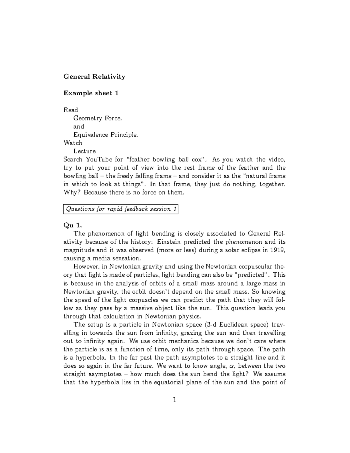 Ex Sheet 1-2017 - General Relativity Example sheet 1 Read Geometry ...