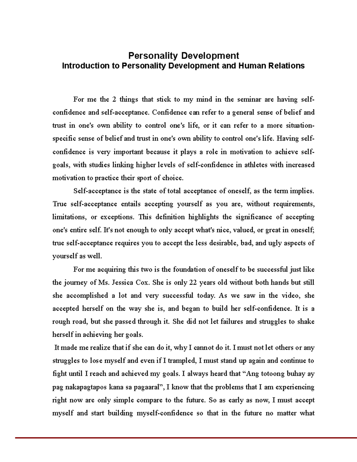 Week 9 - Reflection paper on Self-Concept Seminar - Personality ...