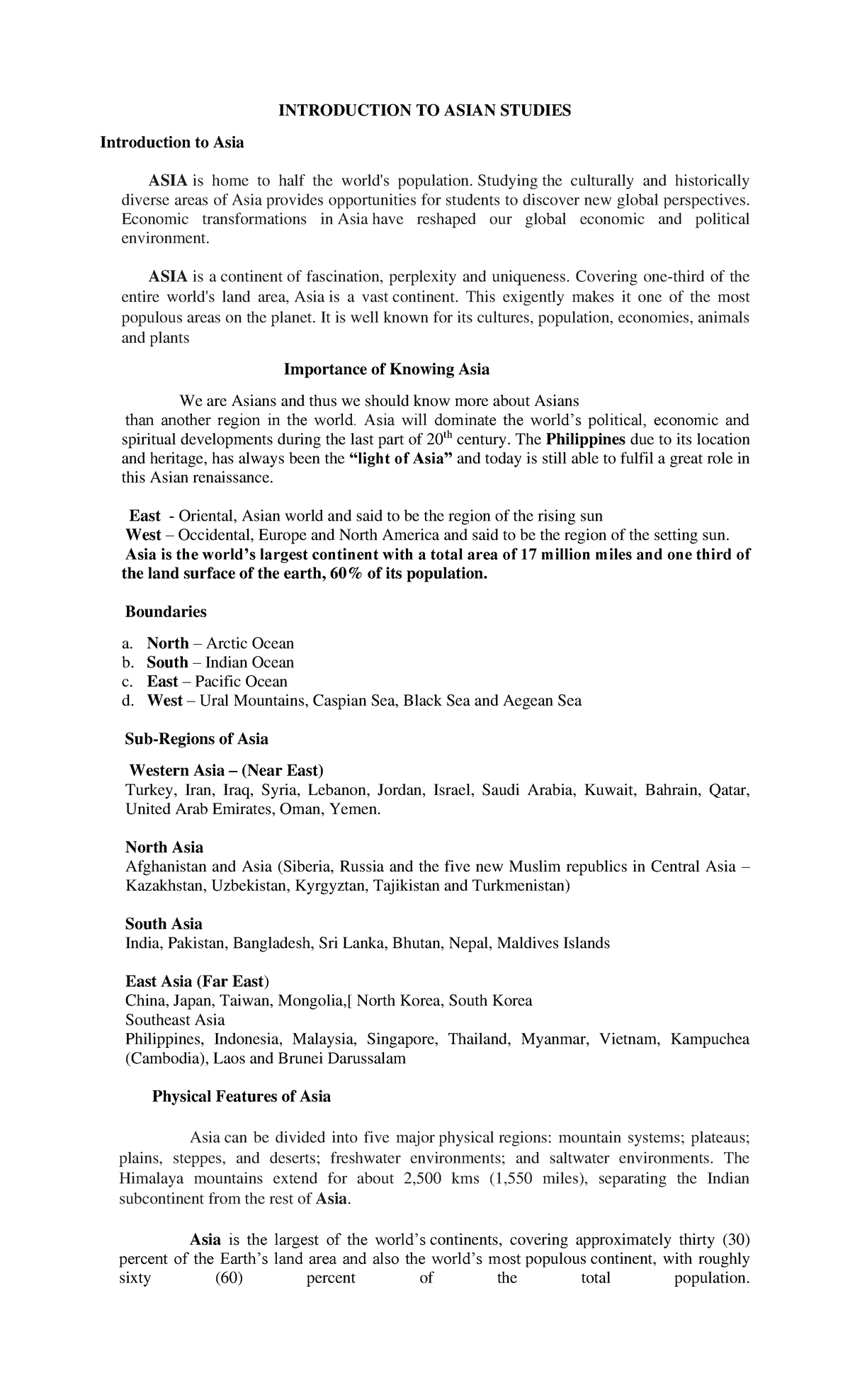 Asian Studies Reviewer - INTRODUCTION TO ASIAN STUDIES Introduction to ...