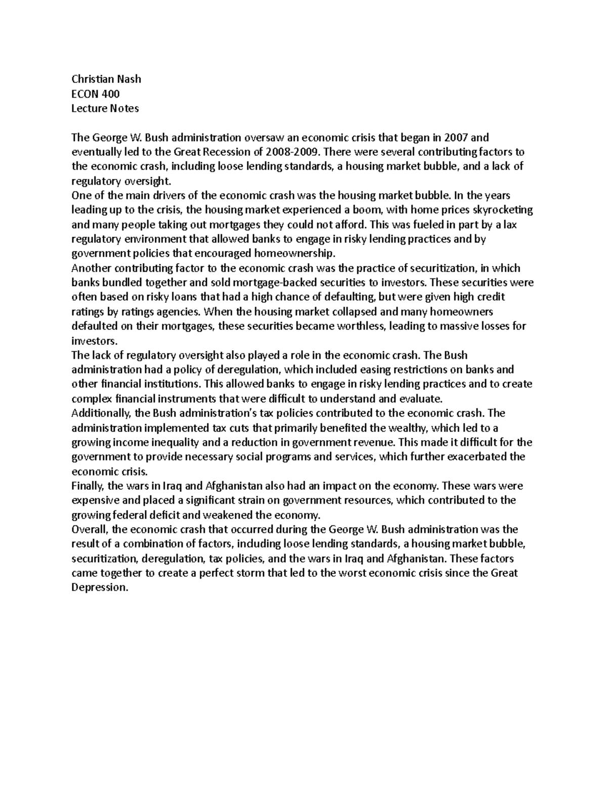 ECON 403 - N/A - Christian Nash ECON 400 Lecture Notes The George W ...