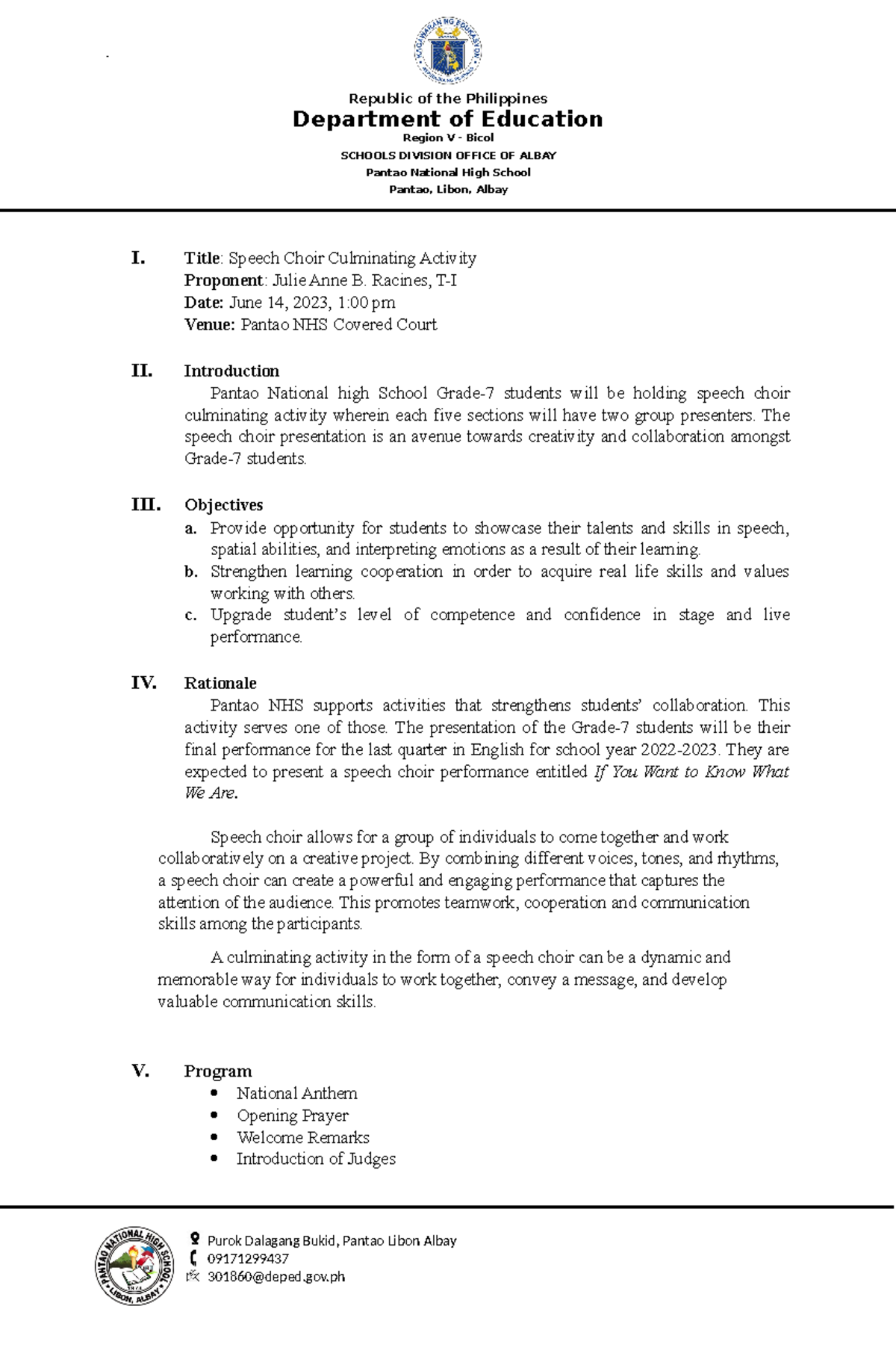 Culminating Proposal - Purok Dalagang Bukid, Pantao Libon Albay ...