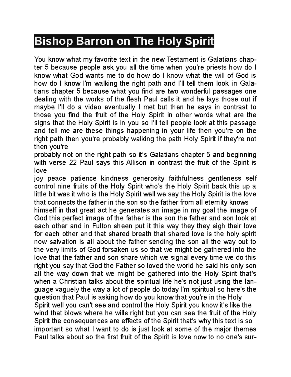 Bishop Barron on The Holy Spirit - Studocu