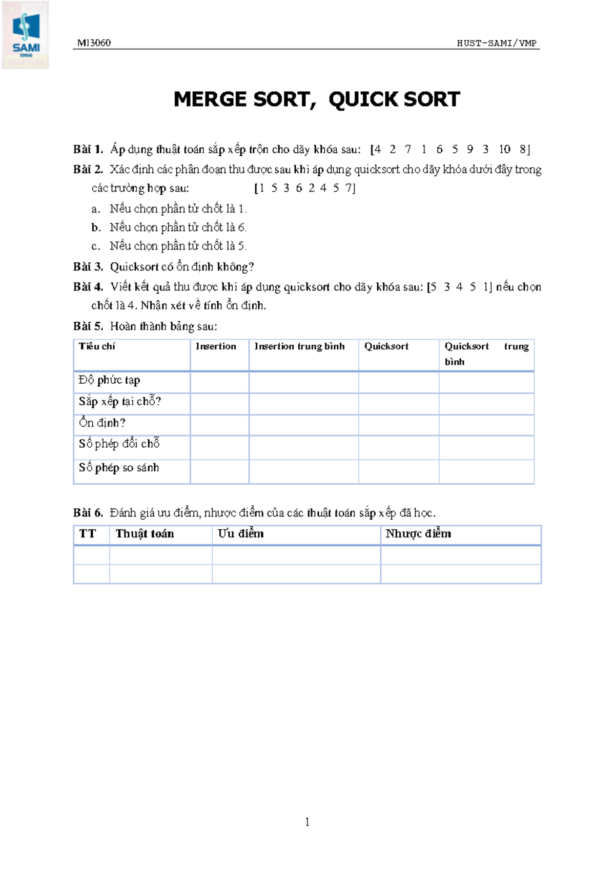 Ex 06 sort merge quick - MI3060 HUST-SAMI/VMP 1 MERGE SORT, QUICK SORT ...