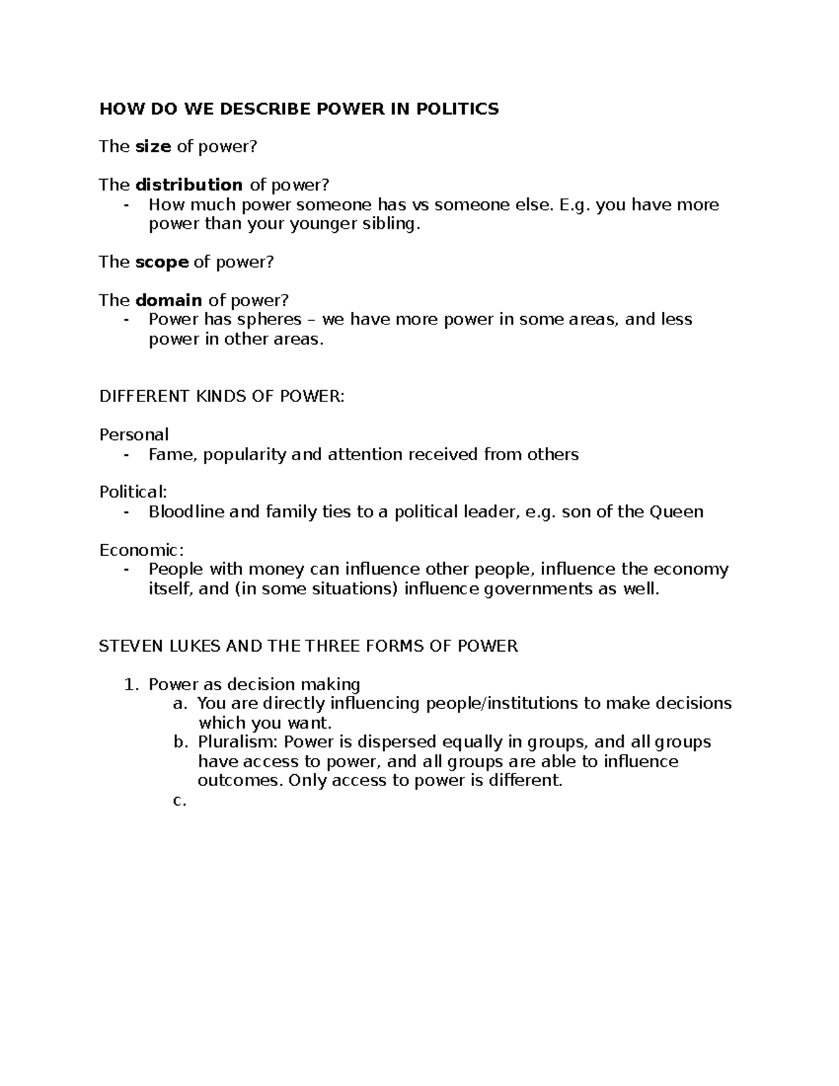 Lecutre 4 - Lecture Notes - HOW DO WE DESCRIBE POWER IN POLITICS The ...